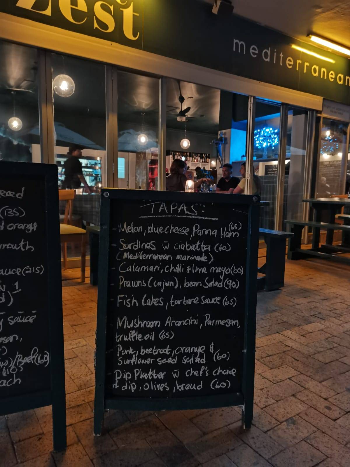 Menu at Café Zest restaurant, Cape Town, 75 Beach Rd