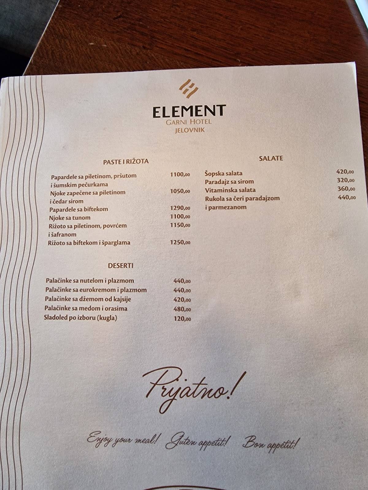 Menu at Cafe & Resto bar ELEMENT, Novi Sad