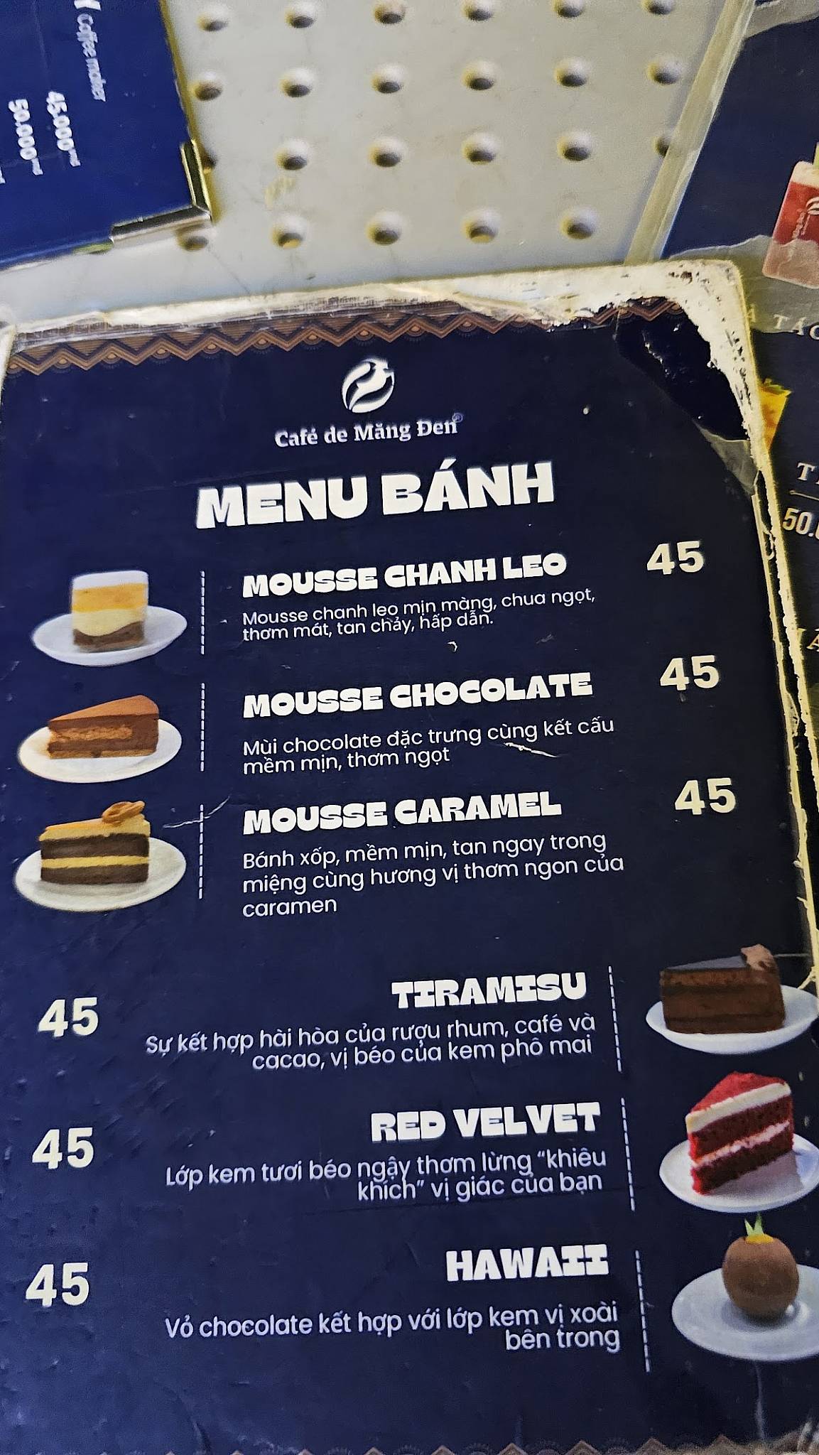 Menu at Café de Măng Đen restaurant, Hanoi