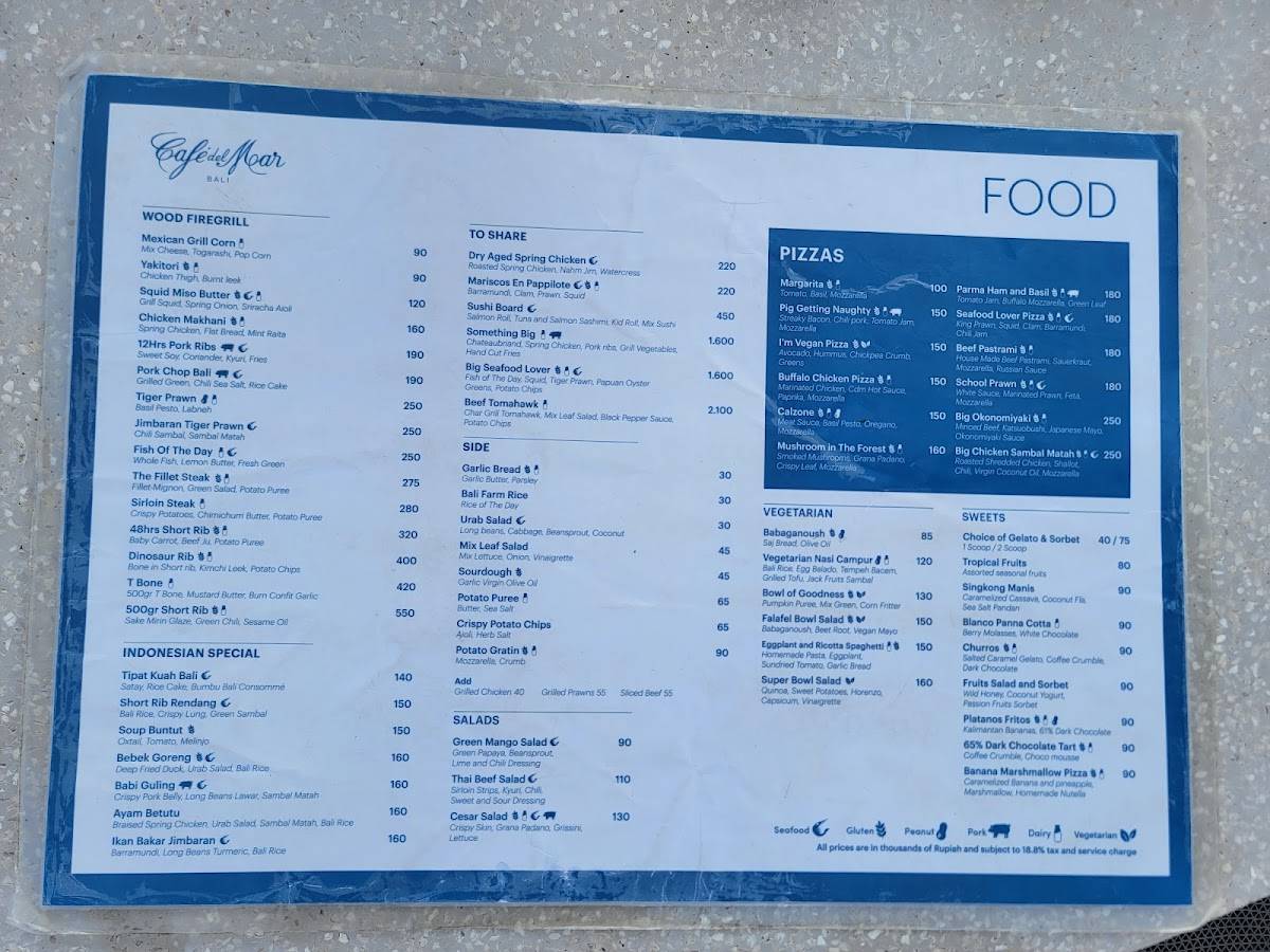 Menu at Café del Mar Beach Club Bali, Mengwi, Jl. Subak Sari