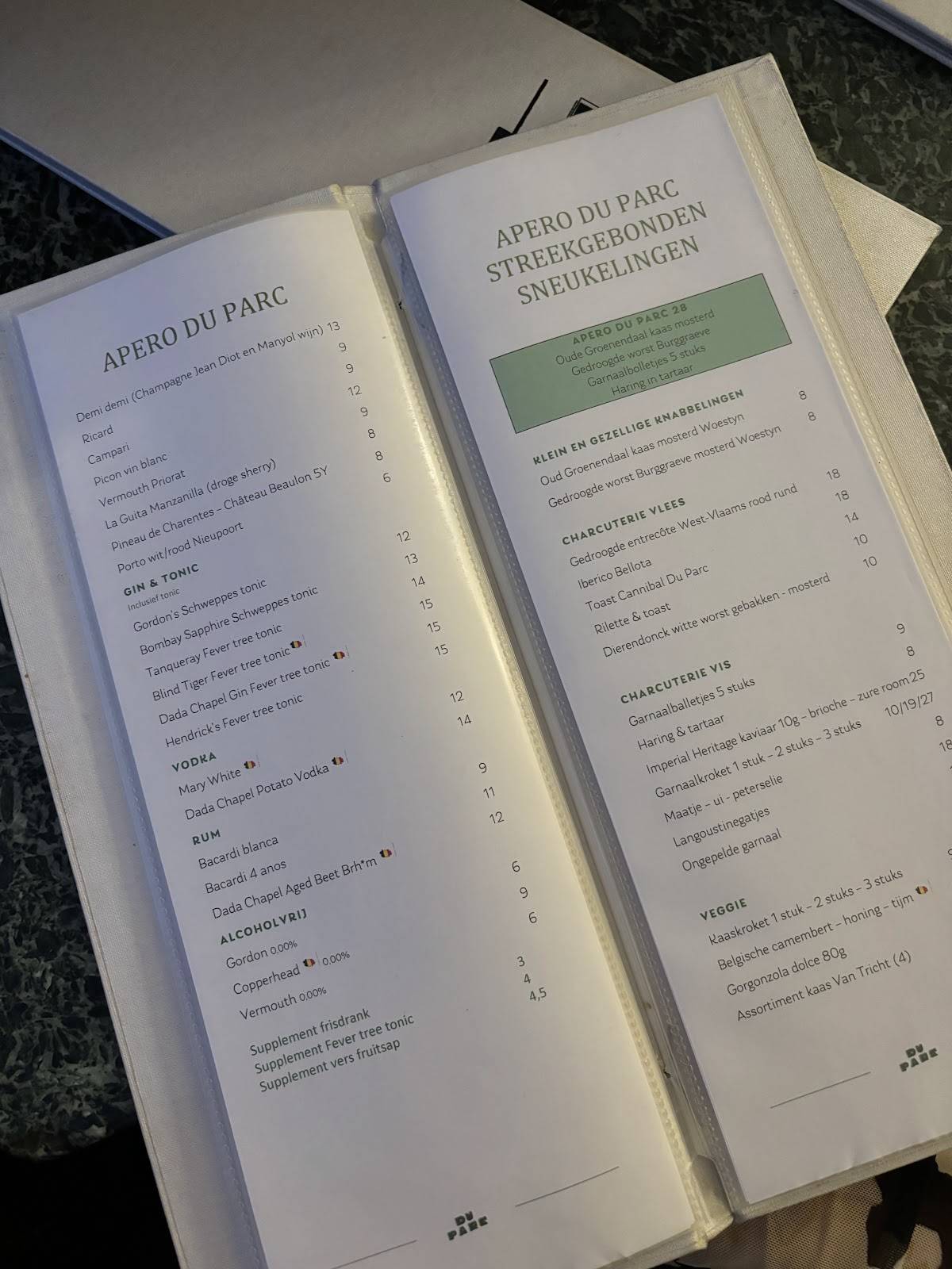 Menu au Café du Parc, Ostende, Marie-Joséplein 3