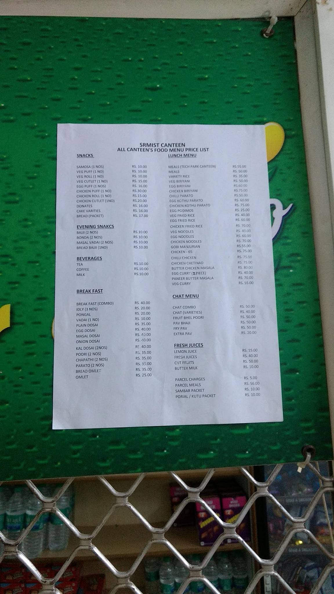 Menu at SRM TechPark Canteen, Kattankulathur