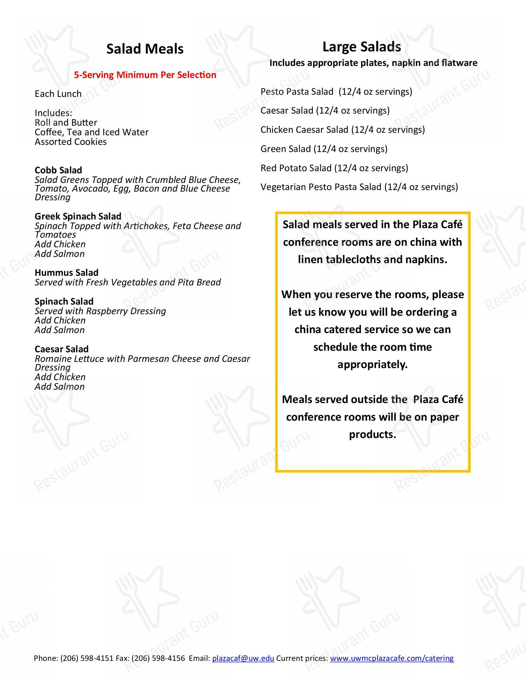 Menu at UWMC Plaza Cafe, Seattle