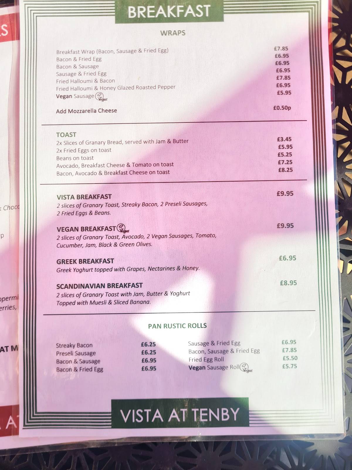 Menu at Caffè Vista cafe, Tenby