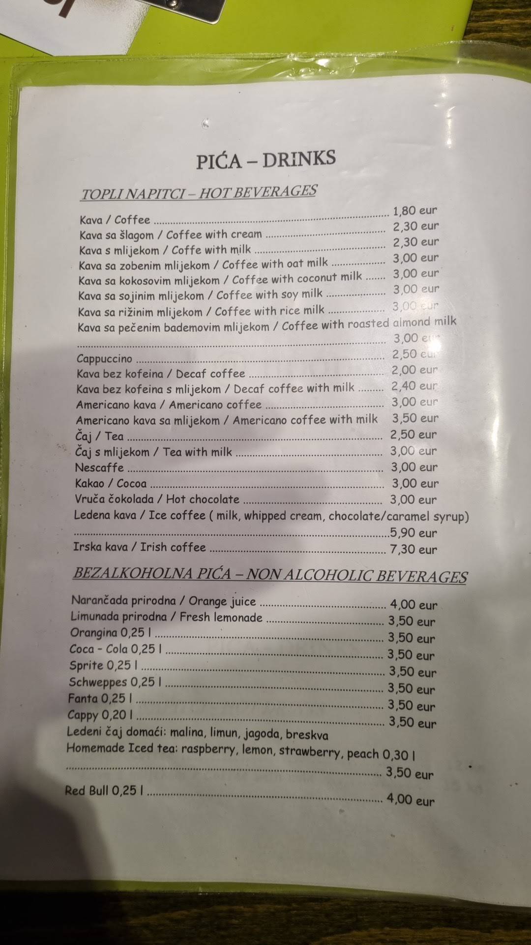 Menu da Caffe bar @noon, Spalato