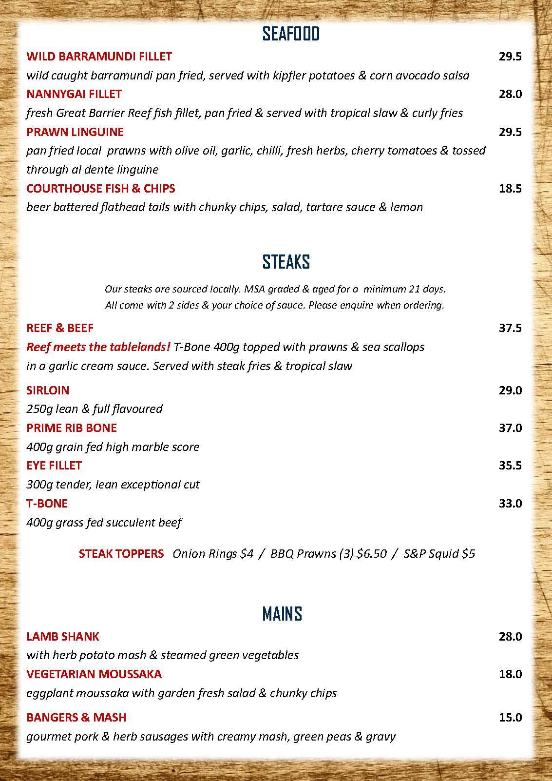 Menu at Cairns Courthouse Hotel pub & bar, Cairns City, 38 Abbott St