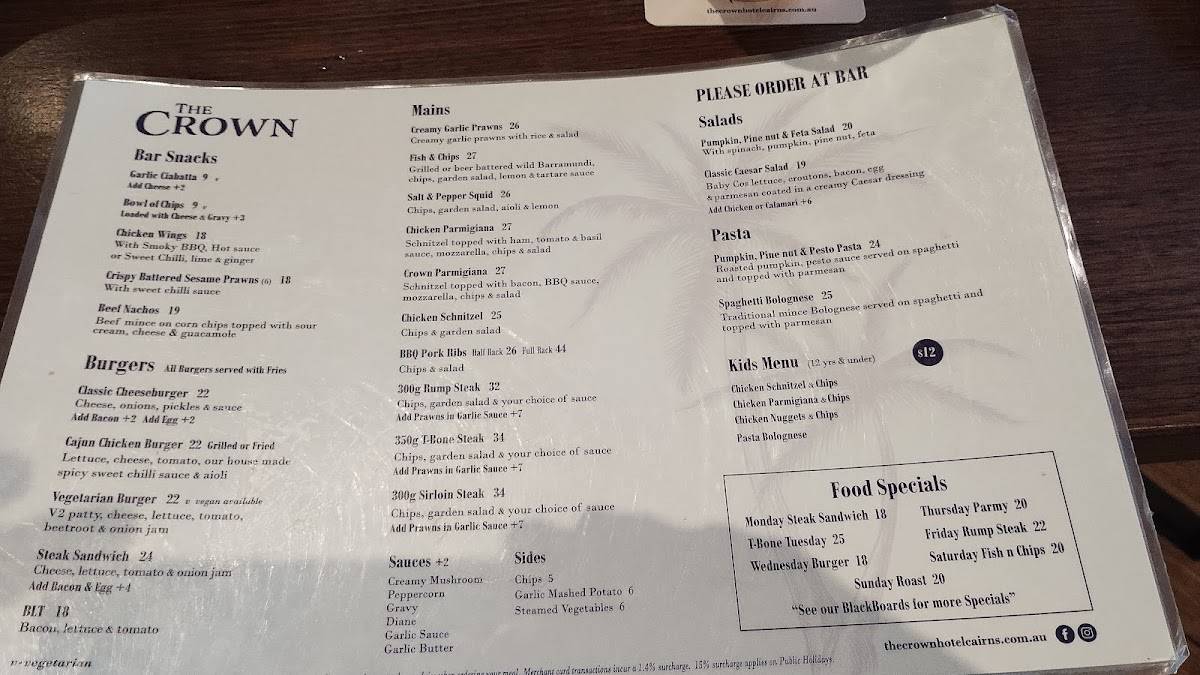 Menu at The Crown Hotel pub & bar, Cairns City