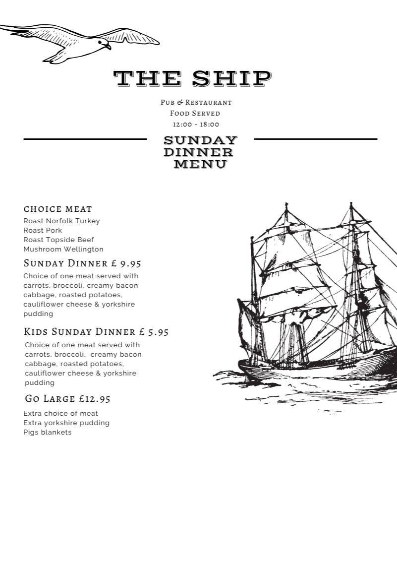 Menu at The Ship Inn pub & bar, Great Yarmouth