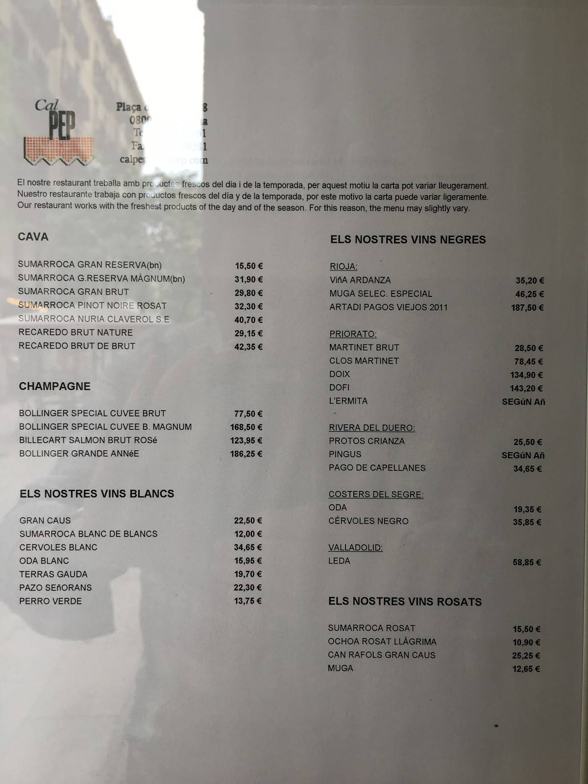 Menu at Cal Pep pub & bar, Barcelona, Plaça de les Olles
