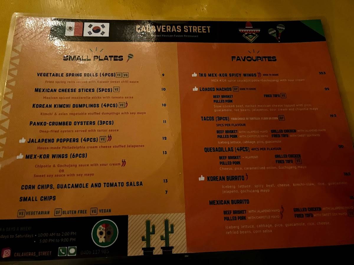 Menu at Calaveras Street Fusion restaurant, Parramatta Park