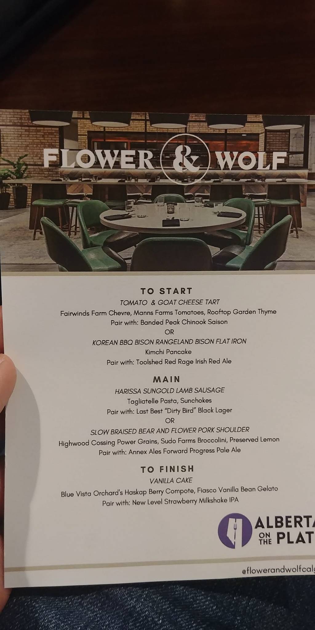 Menu at Flower and Wolf Calgary restaurant, Calgary