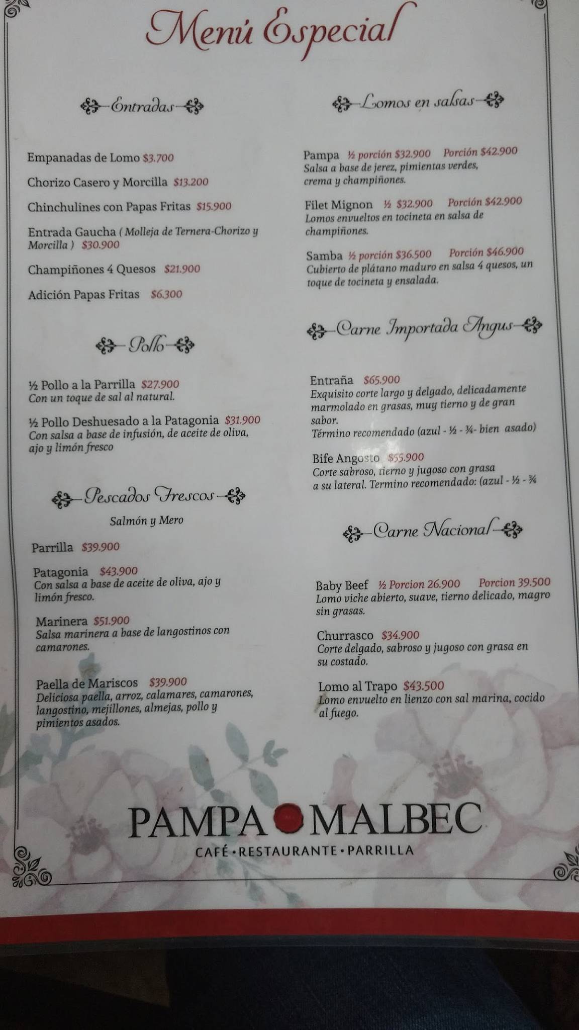 Carta del restaurante Pampa Malbec, Cali, Las Velas Plaza