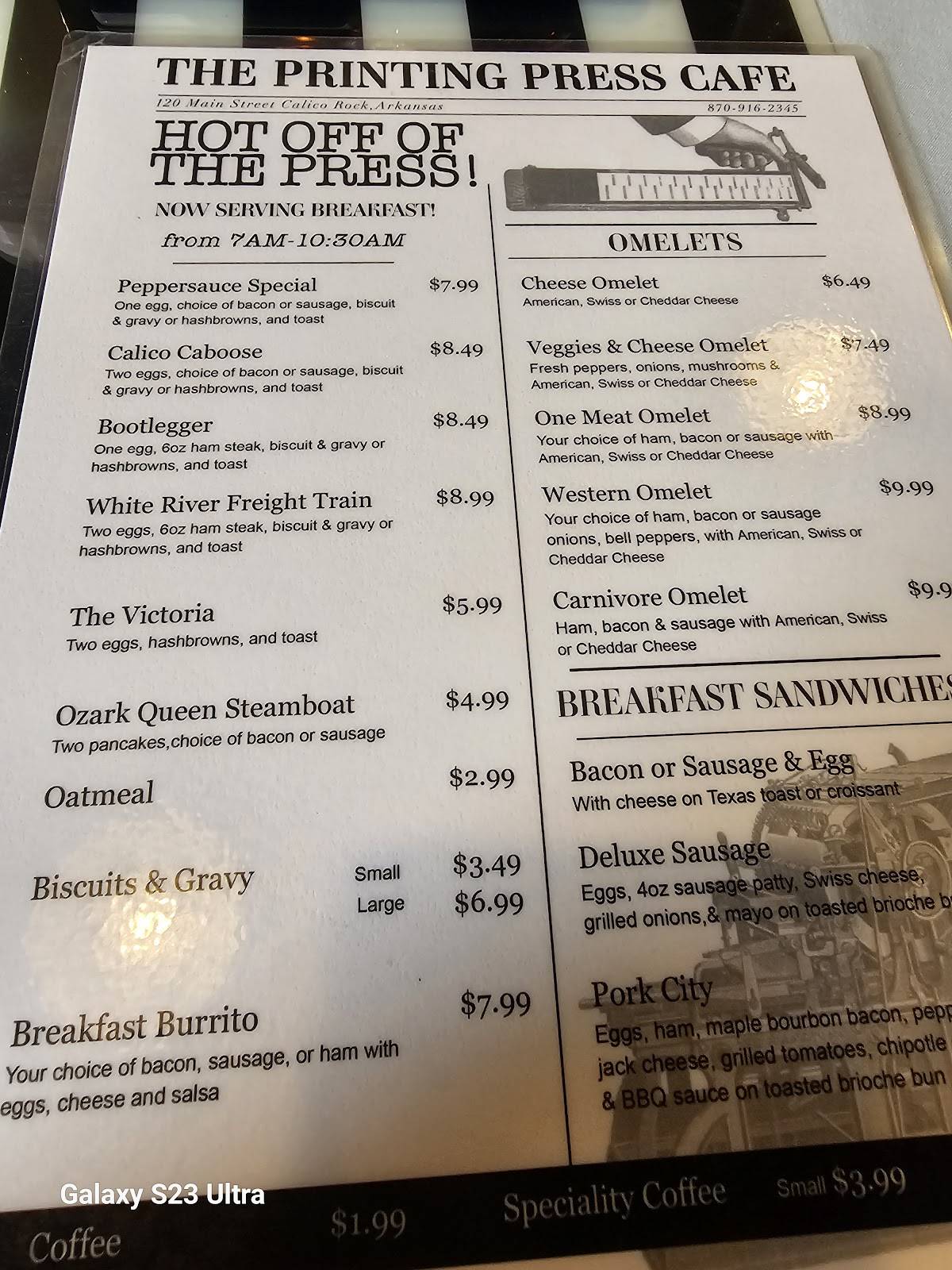 Menu at Printing Press Cafe, Calico Rock