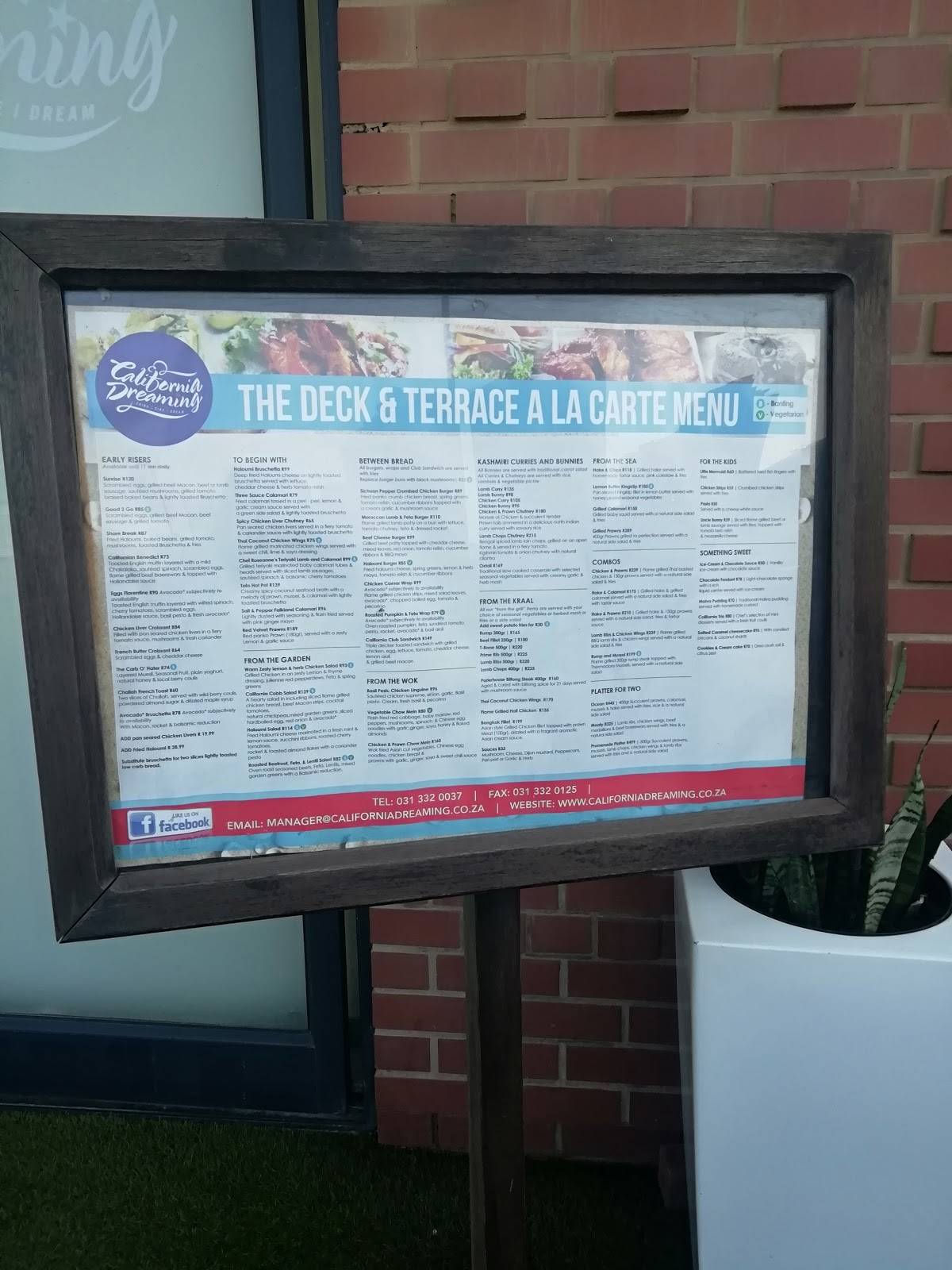 Menu at California Dreaming restaurant, Durban, 150 Marine Parade