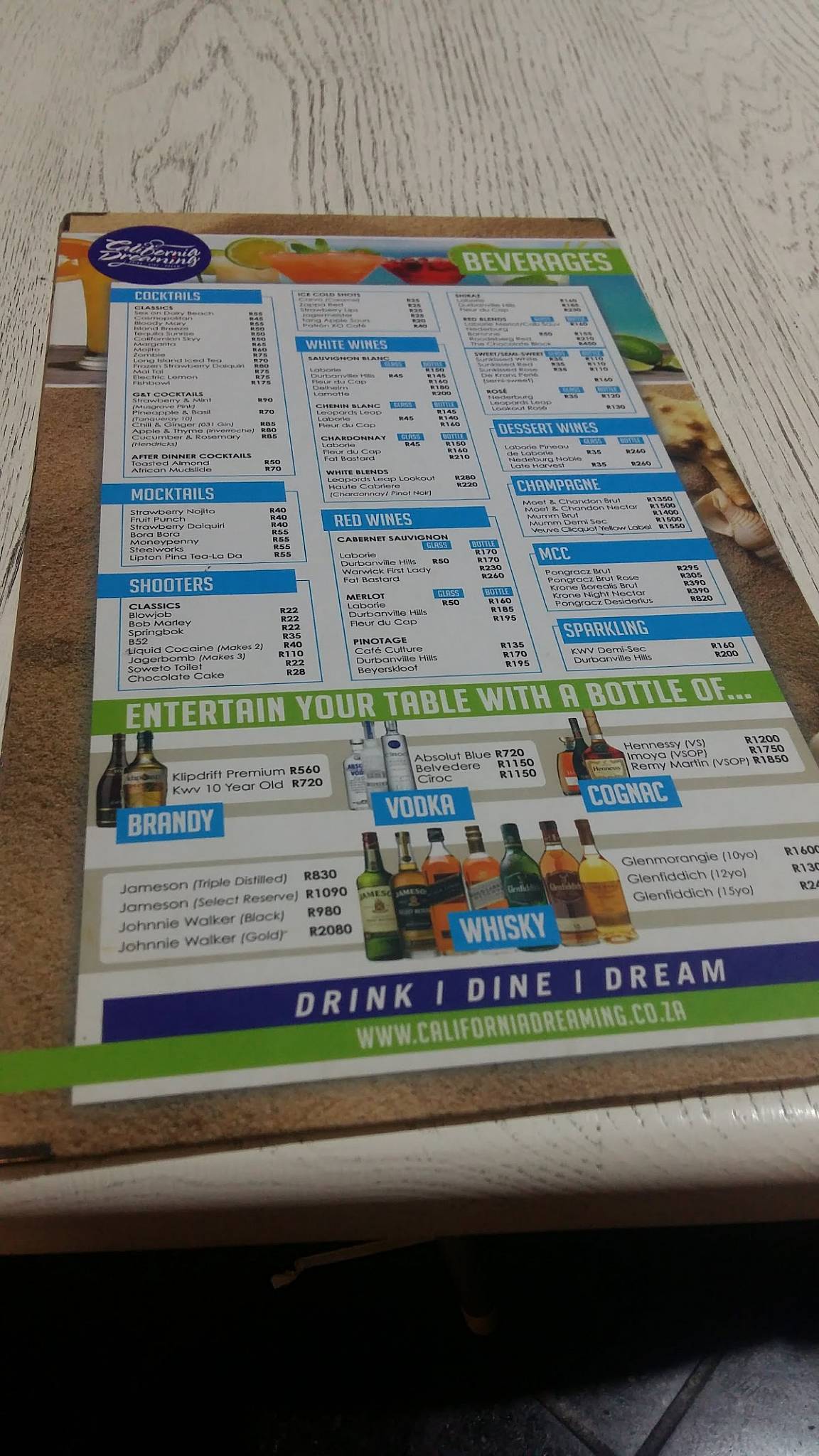 Menu at California Dreaming restaurant, Durban, 150 Marine Parade