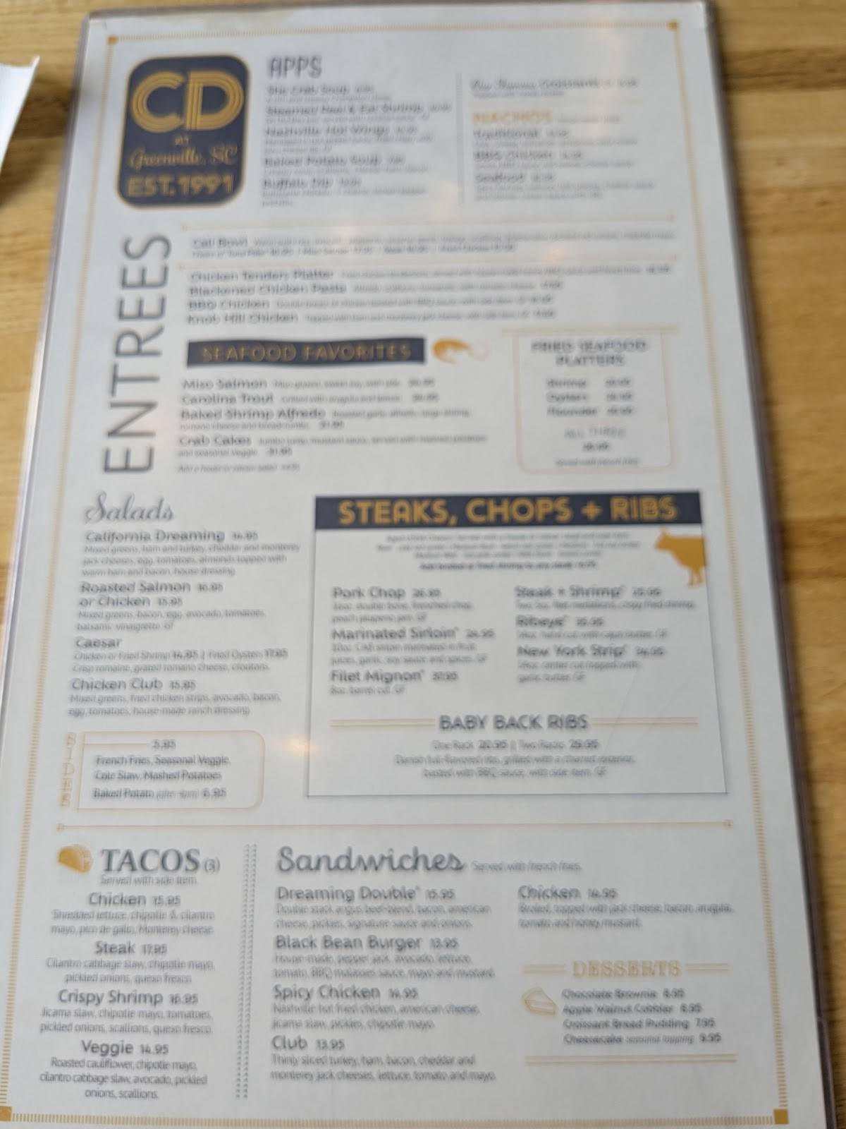 Menu at California Dreaming pub & bar, Greenville