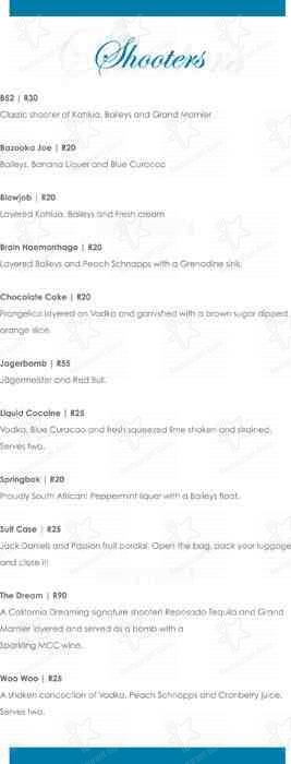 Menu at California Dreaming restaurant, Durban, 150 Marine Parade