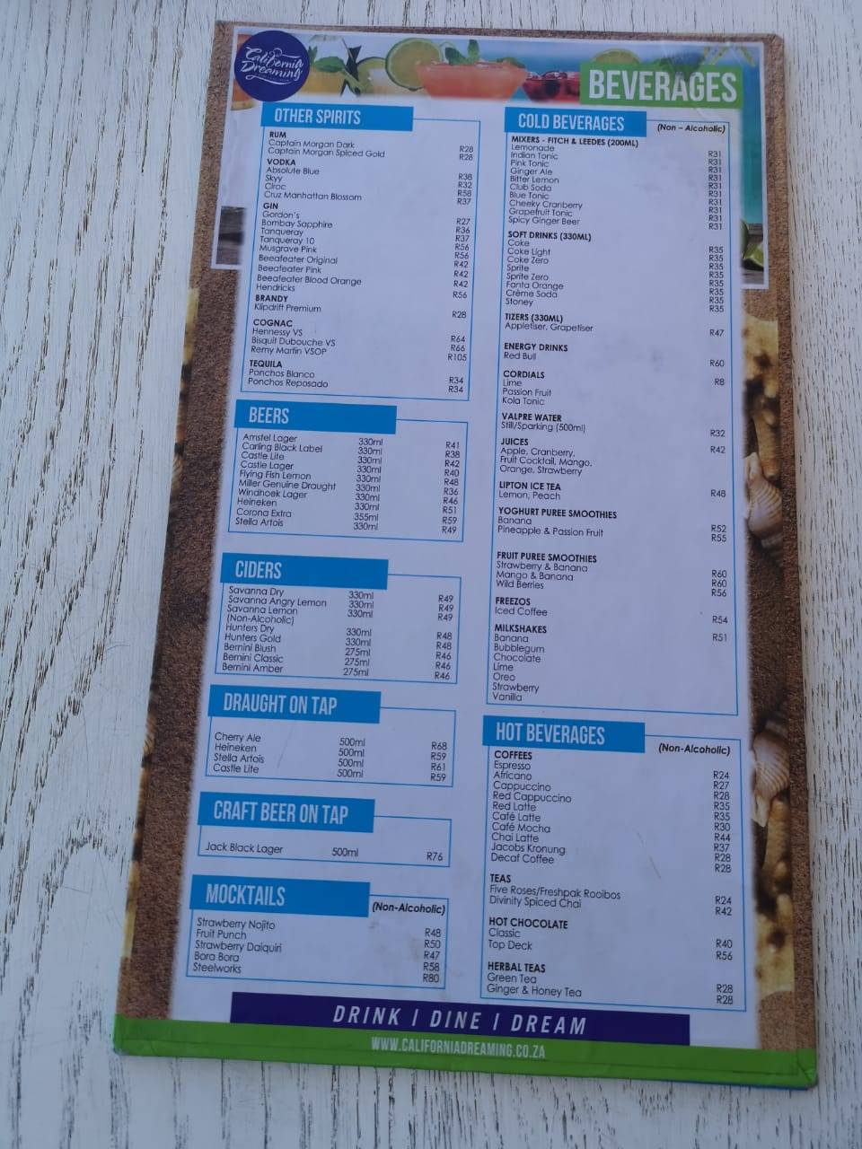 Menu at California Dreaming restaurant, Durban, 150 Marine Parade