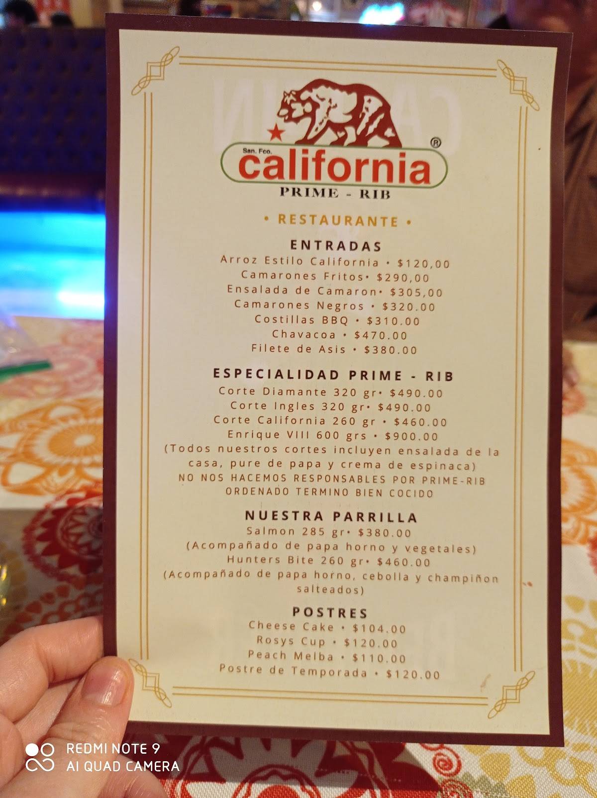 Carta de parrilla California Prime - Rib Sucursal Los Angeles ...