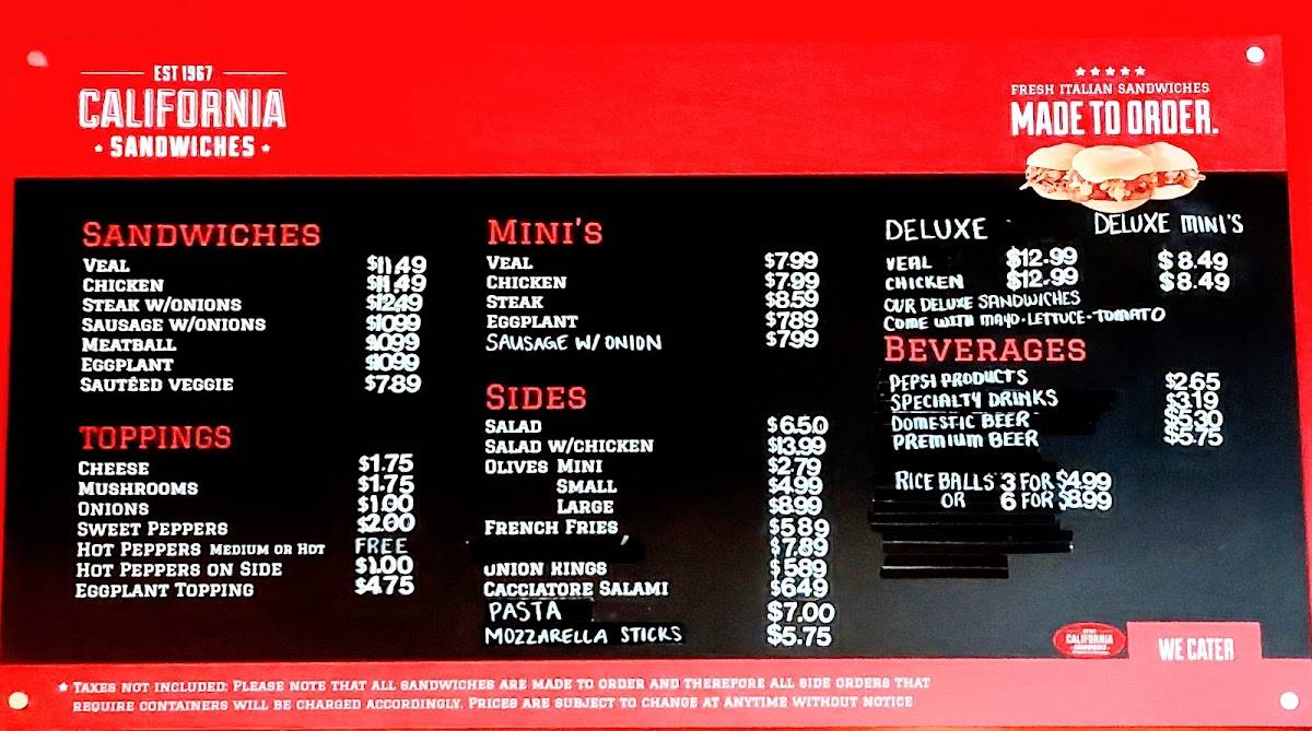 California sandwiches menu store