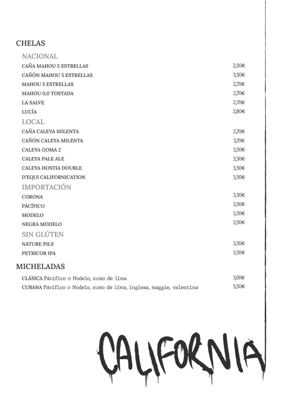 Carta del restaurante California Street Food, Gijón