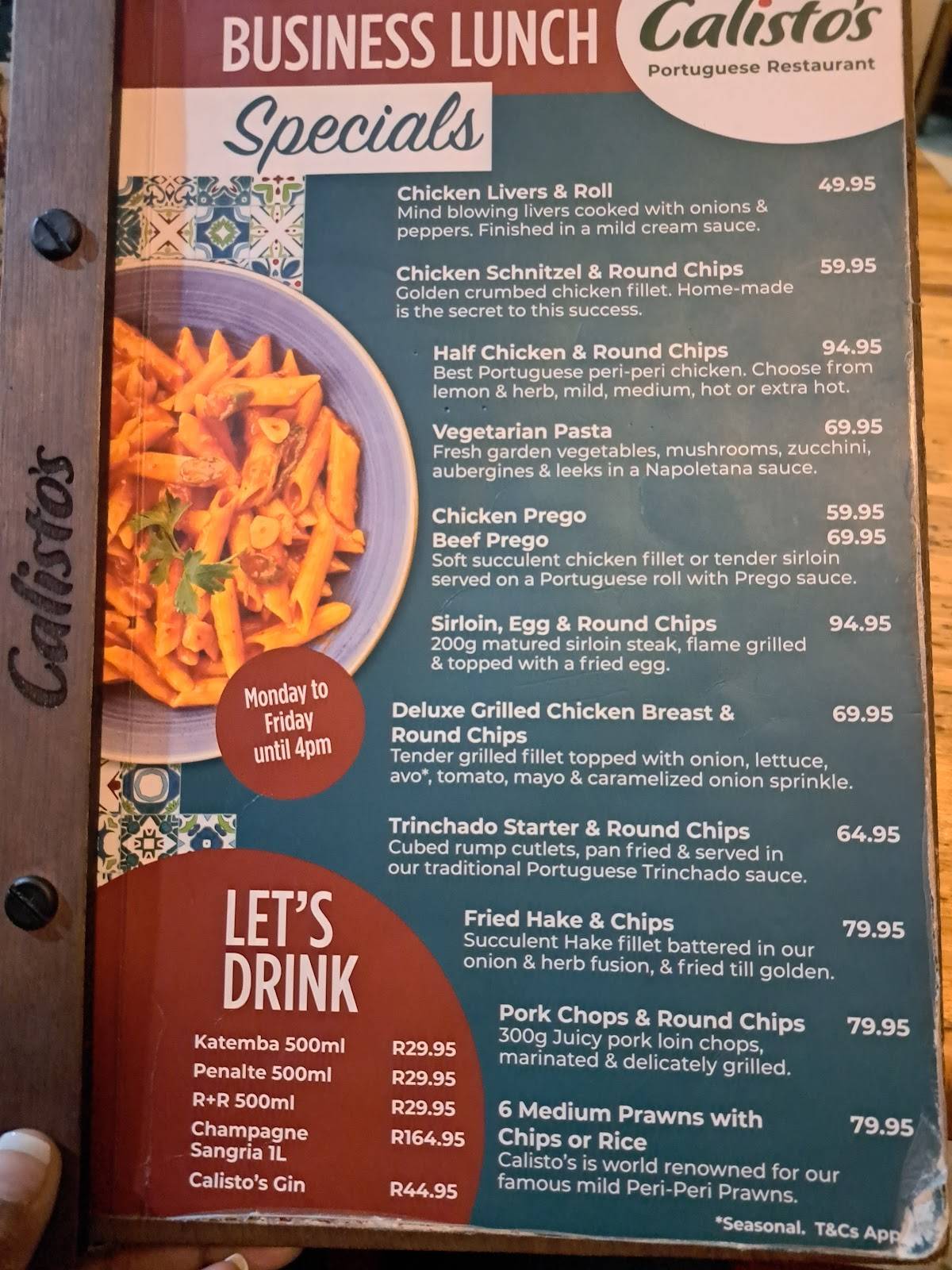 Menu at Calisto's Suncoast restaurant, Durban