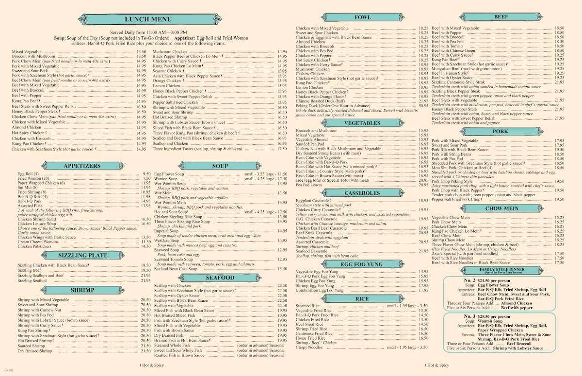 Menu at Chester's Asia Chinese Restaurant, Camarillo
