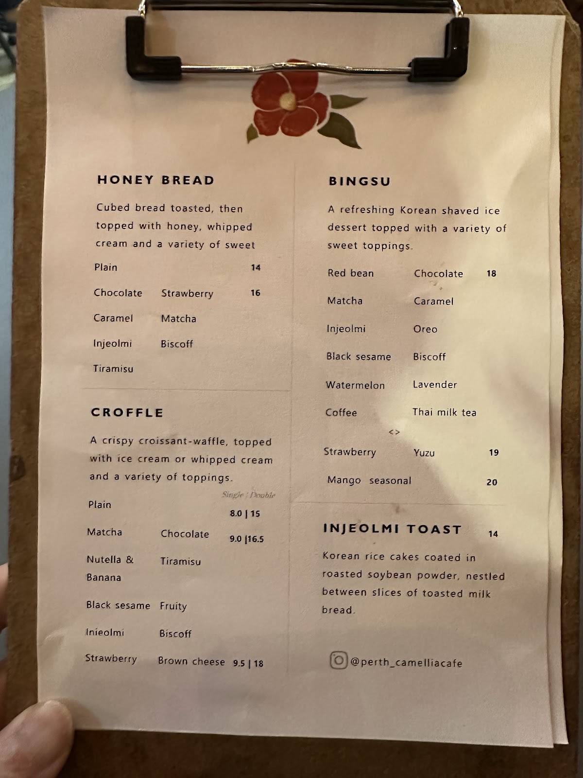 Menu at Camellia Cafe, Perth