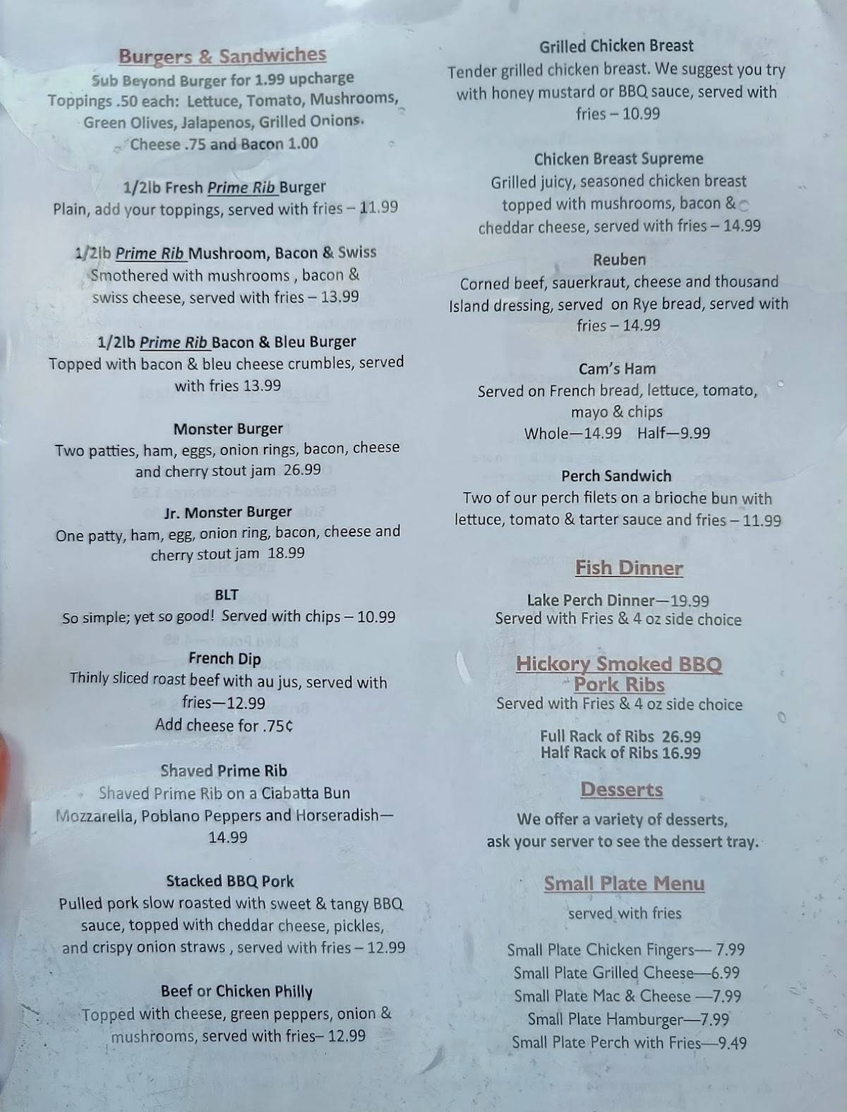 Menu at Cameron's Restaurant, Buchanan