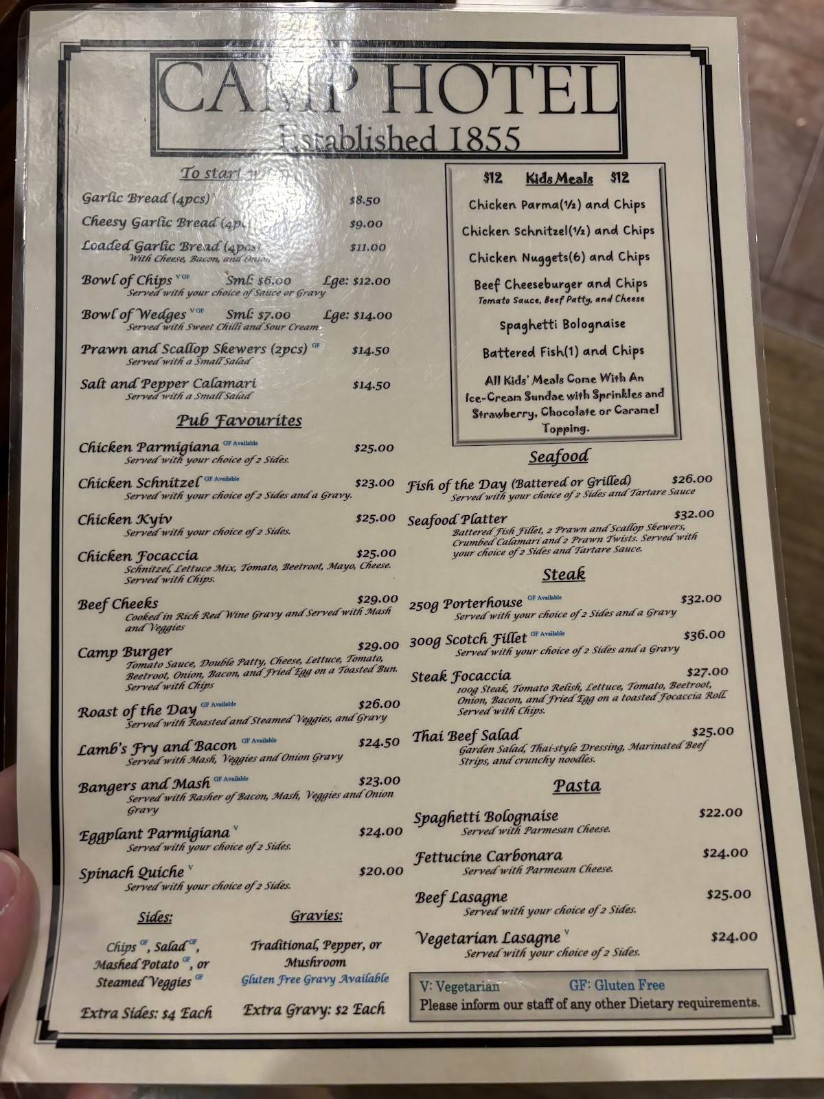 Menu at Camp Hotel pub & bar, Eaglehawk