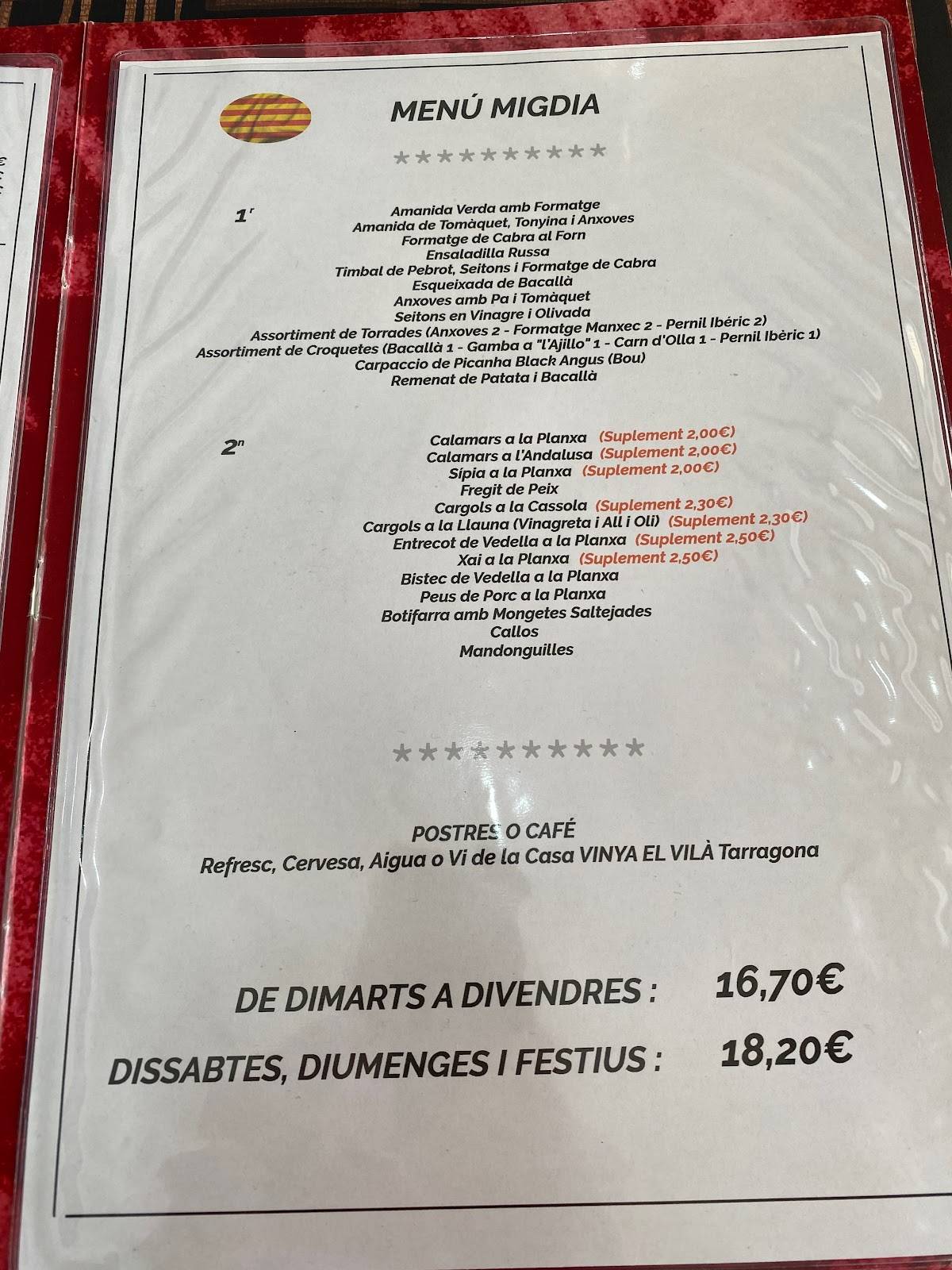 Carta del restaurante Can Rafa, Llansá