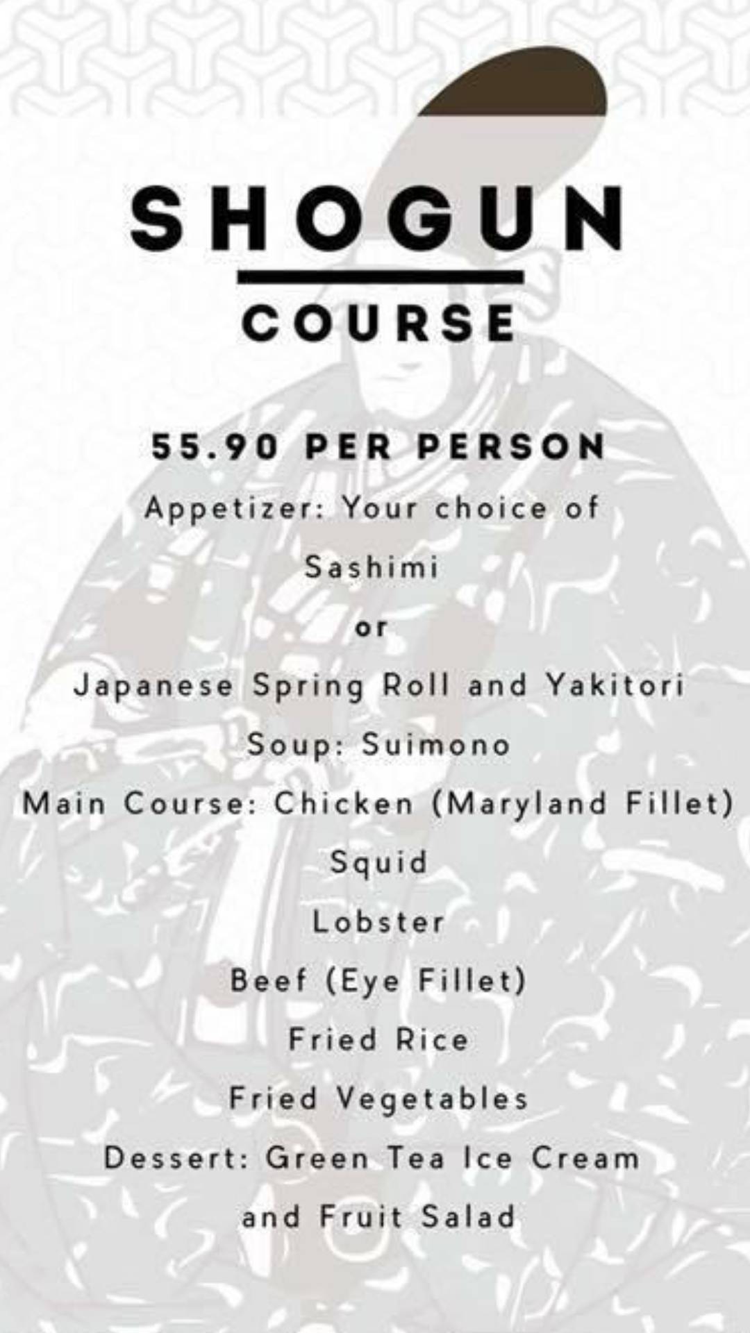 Menu at Shogun Japanese Teppanyaki restaurant, Canberra, 70 Bunda St