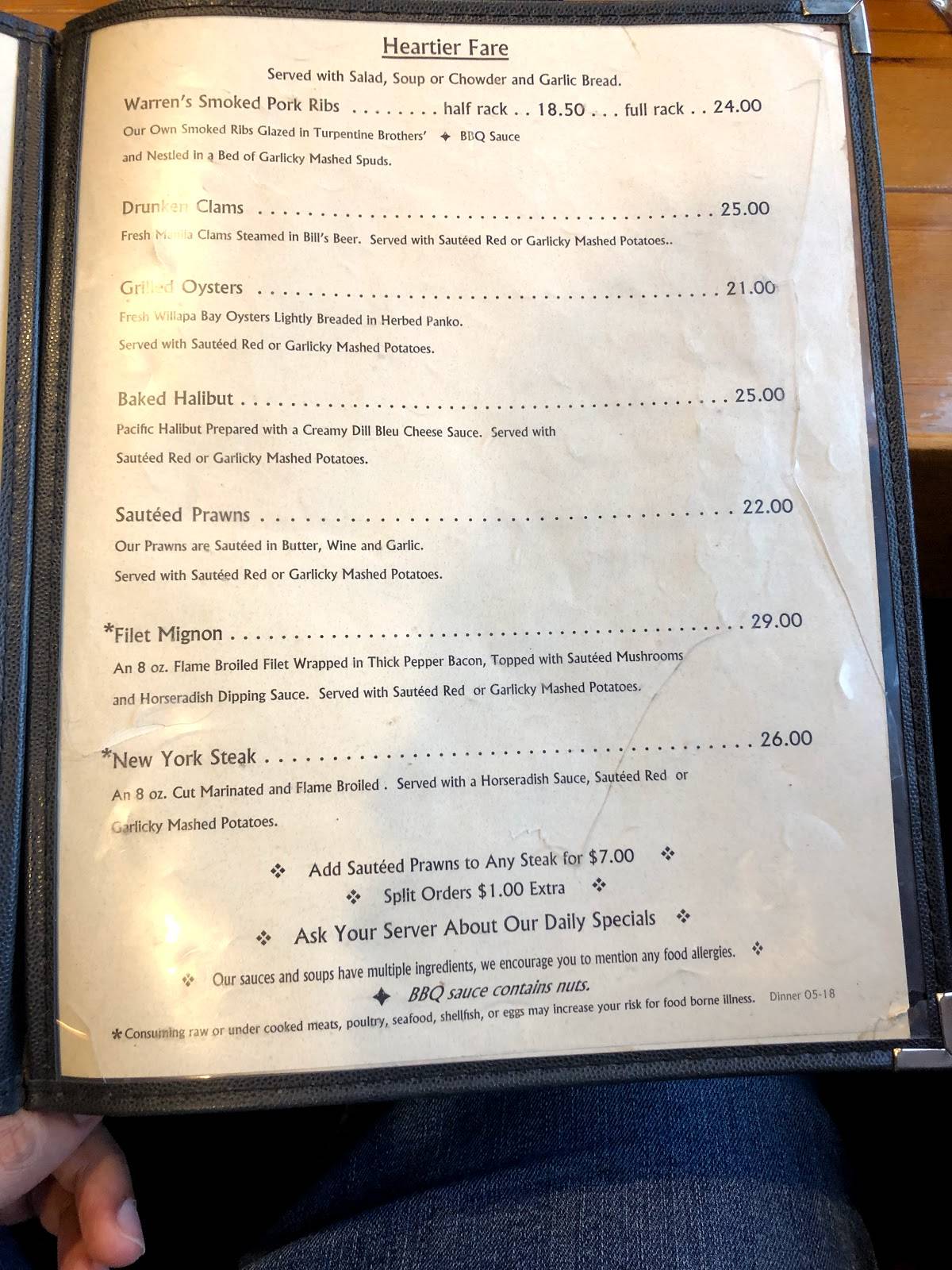 Menu at Warren House Pub, Cannon Beach