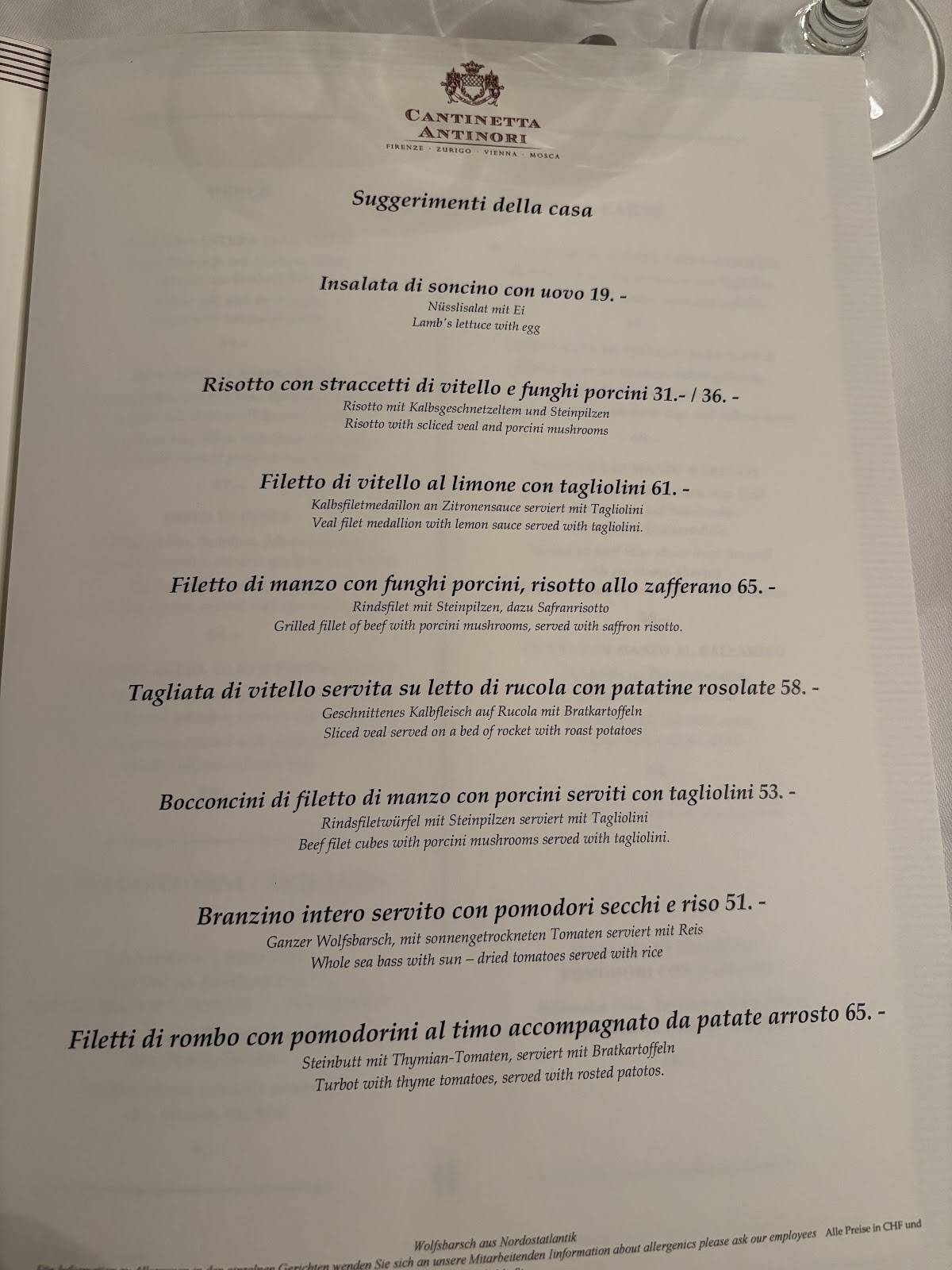 Speisekarte von Cantinetta Antinori, Zürich, Augustinergasse 25