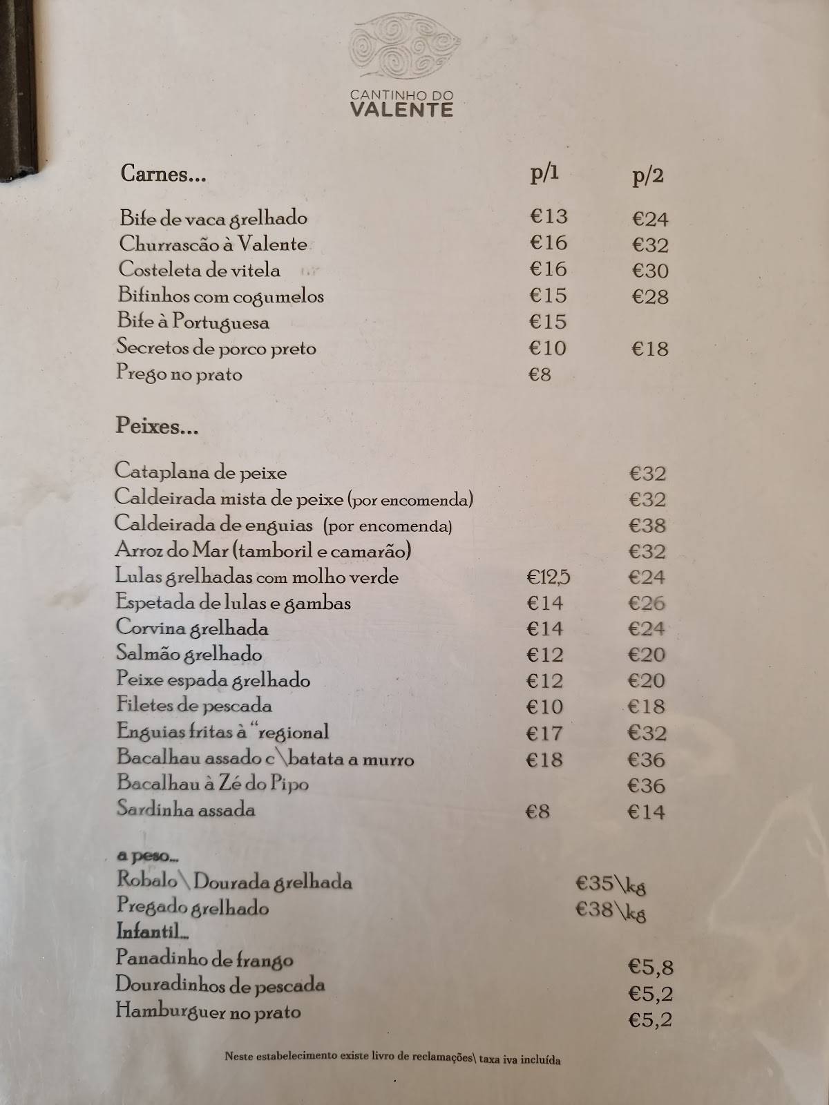 Menu em Cantinho do Valente restaurante, Ovar