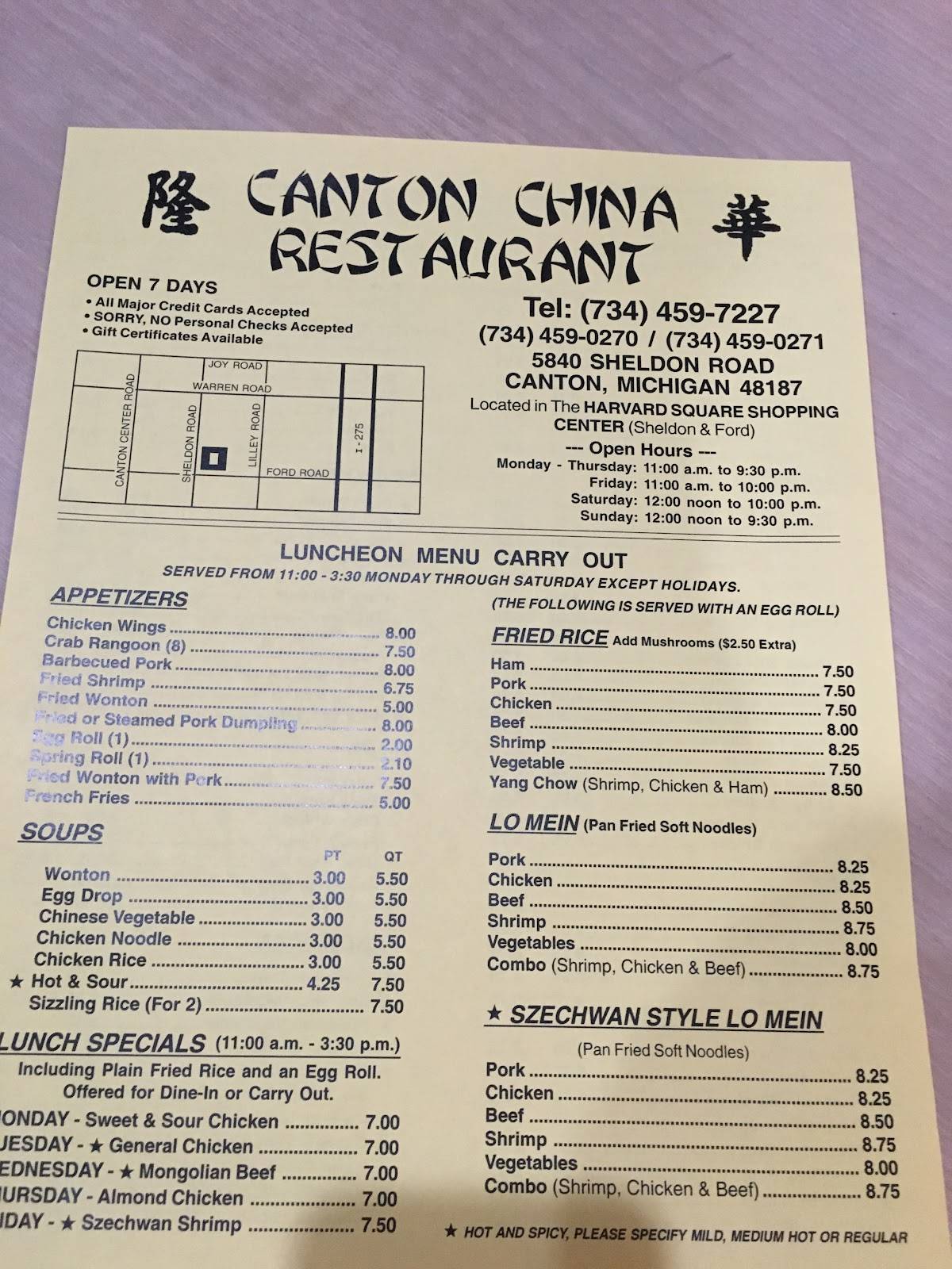 Menu at Canton China Restaurant, Canton, Sheldon Rd