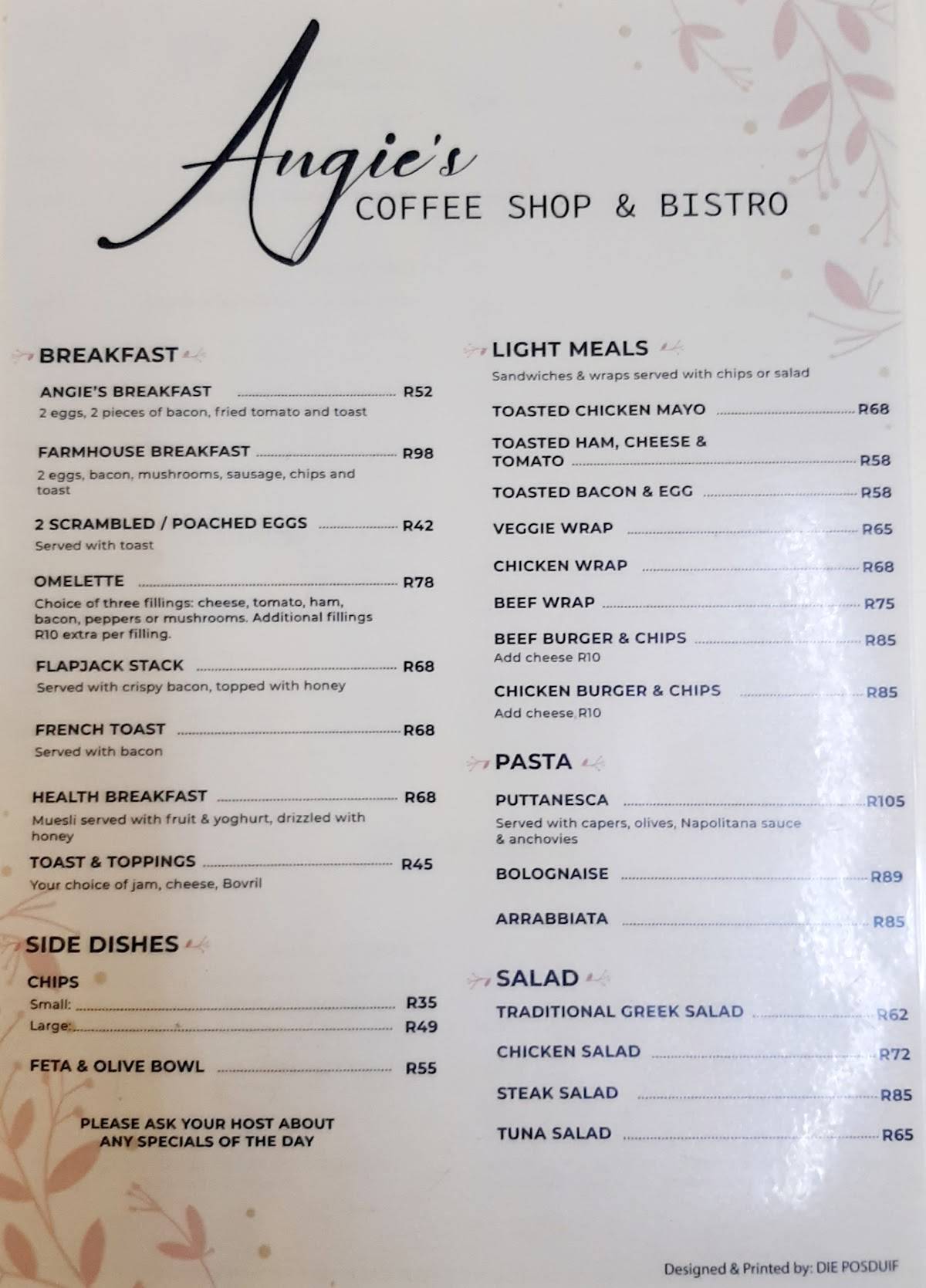 Menu at Angies Coffee Shop restaurant, Riebeeck West