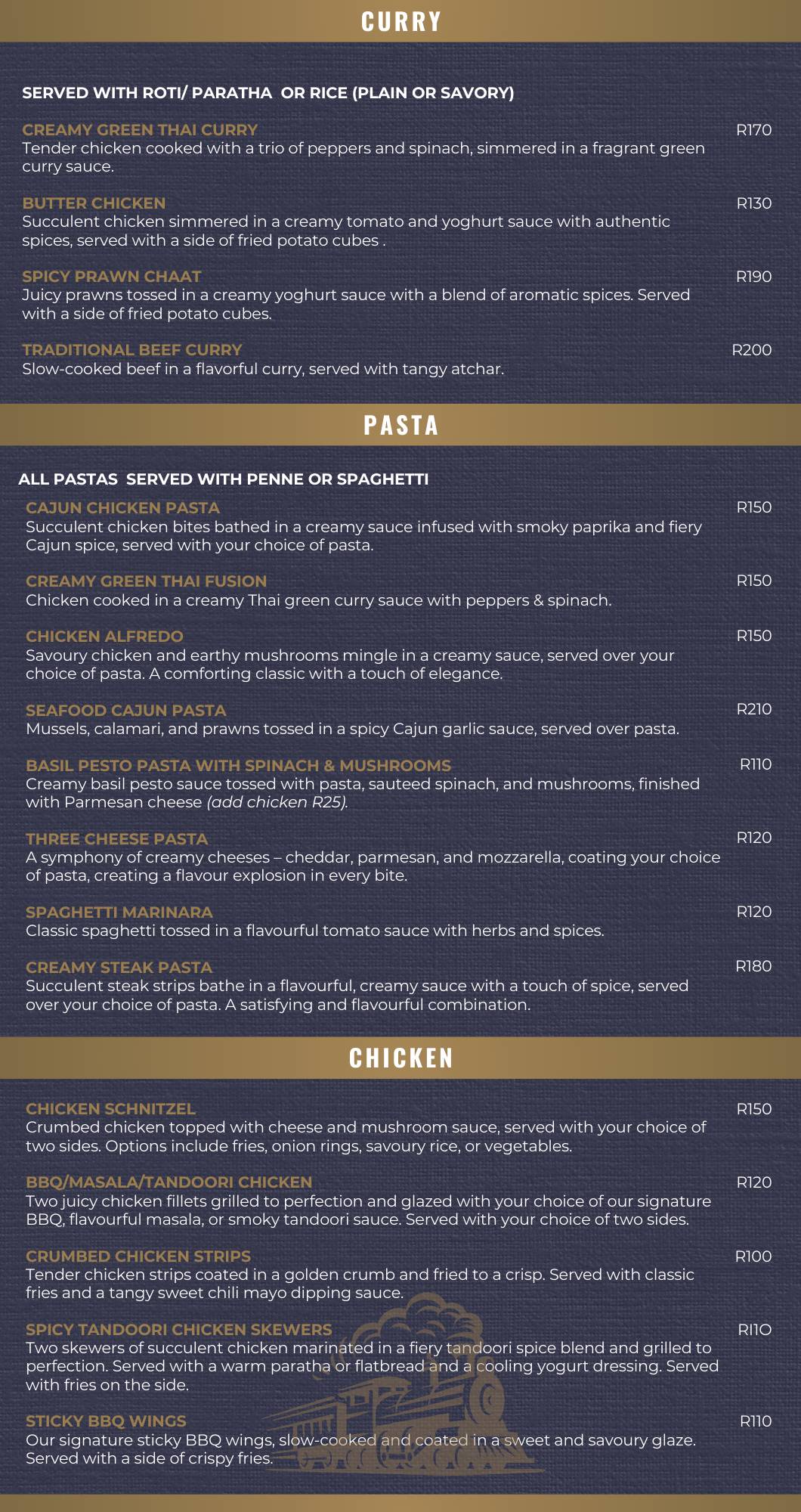 Menu at Atlantic Express Train Restaurant, Cape Town