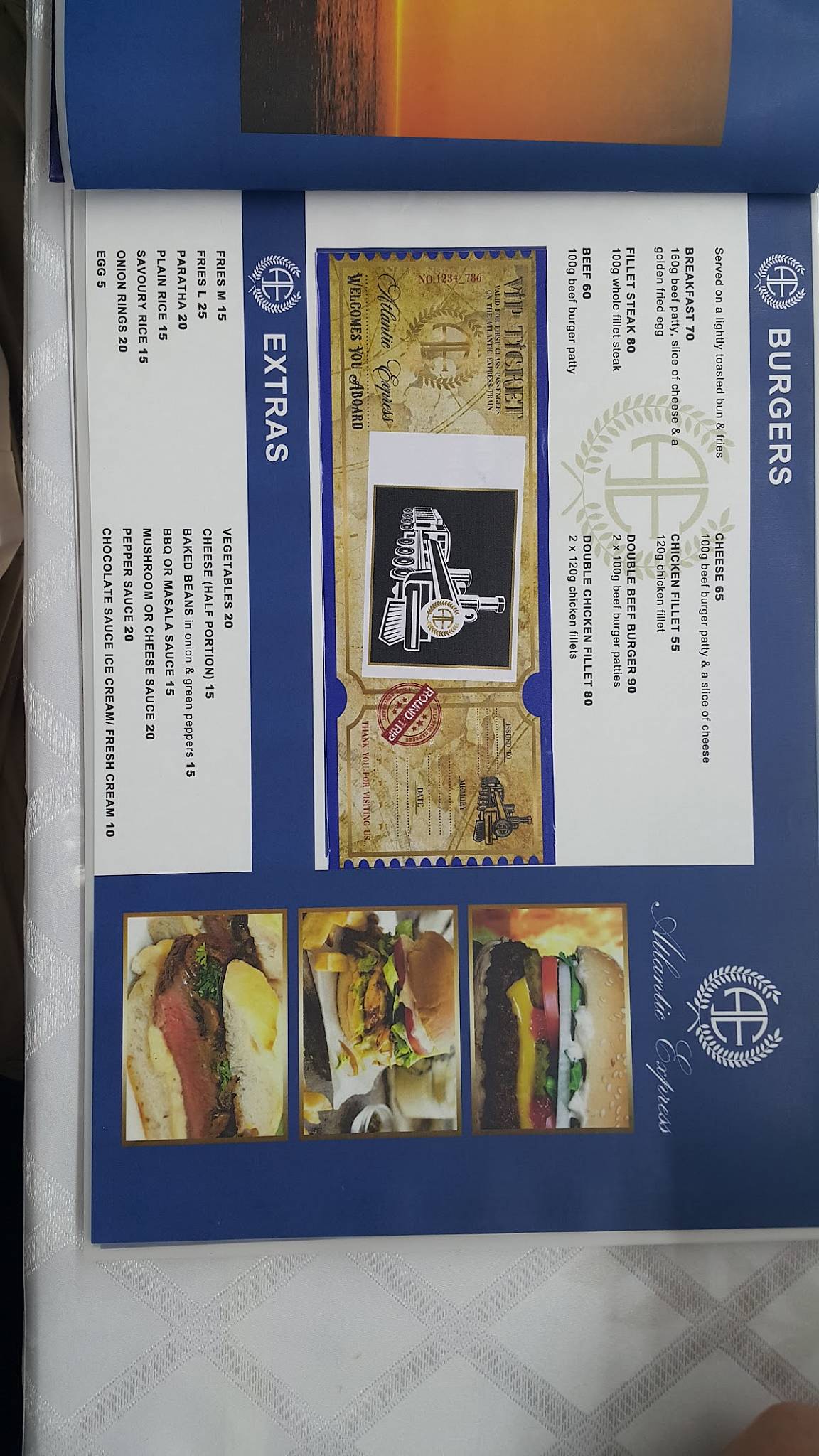 Menu at Atlantic Express Train Restaurant, Cape Town