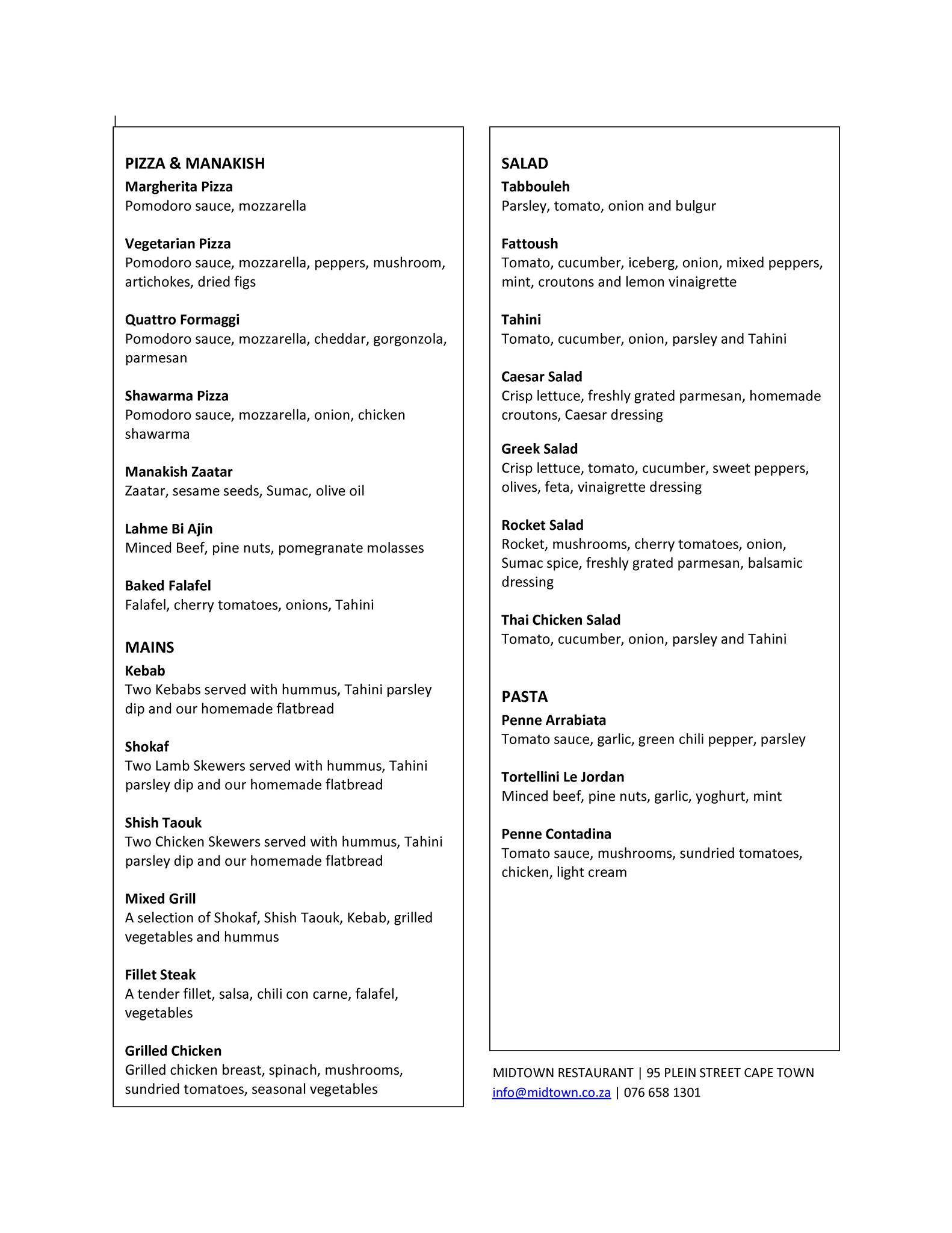 Carta del restaurante Midtown, Ciudad del Cabo, 95 Plein Street