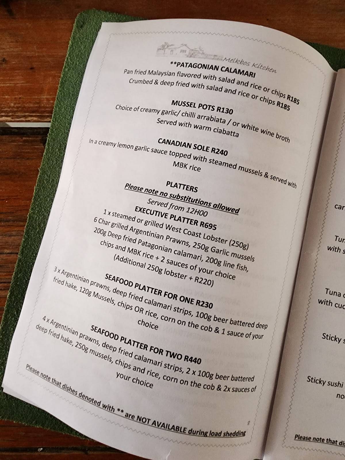 Menu at The Melkbos Kitchen restaurant, Cape Town