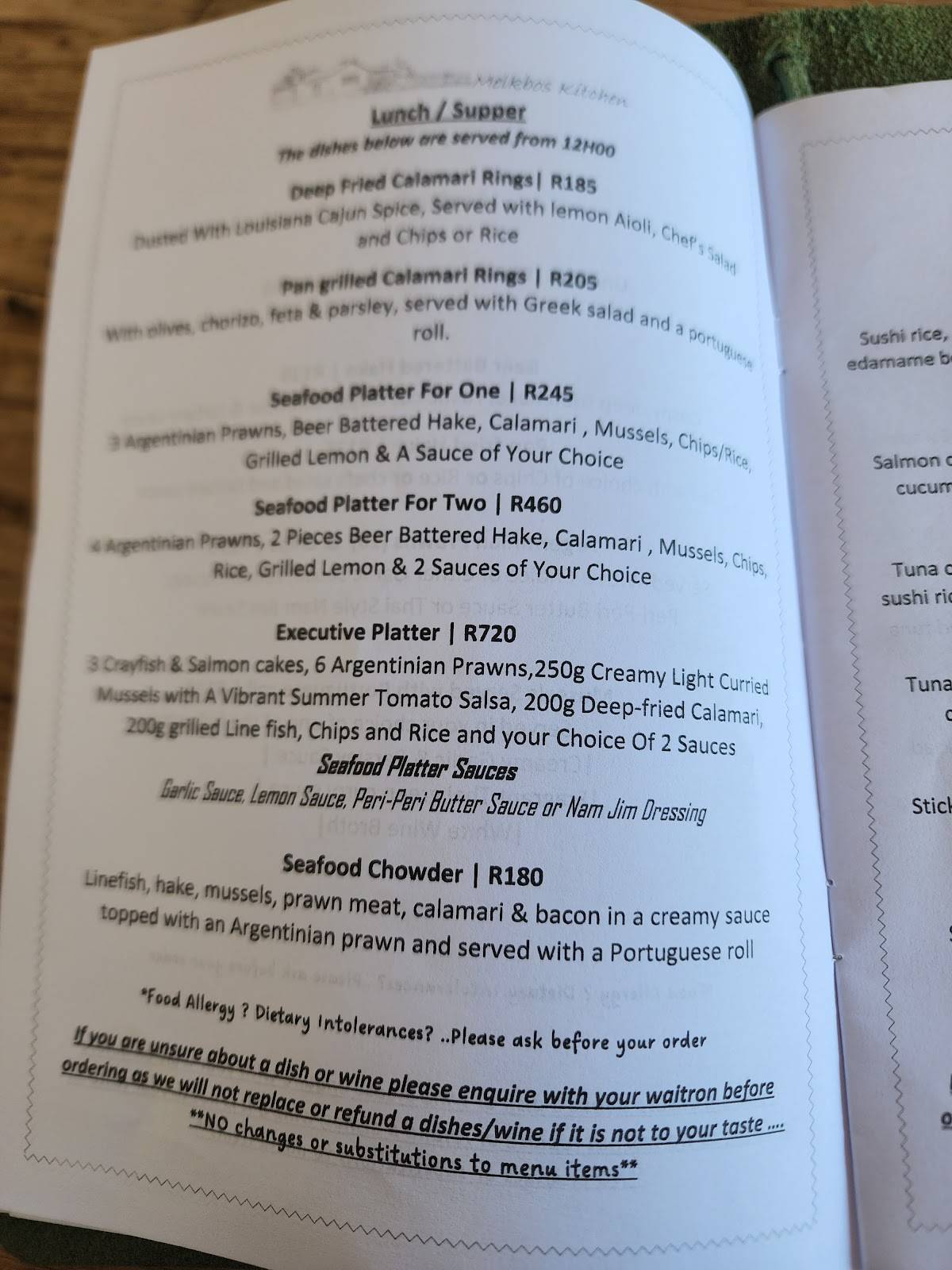 Menu at The Melkbos Kitchen restaurant, Cape Town