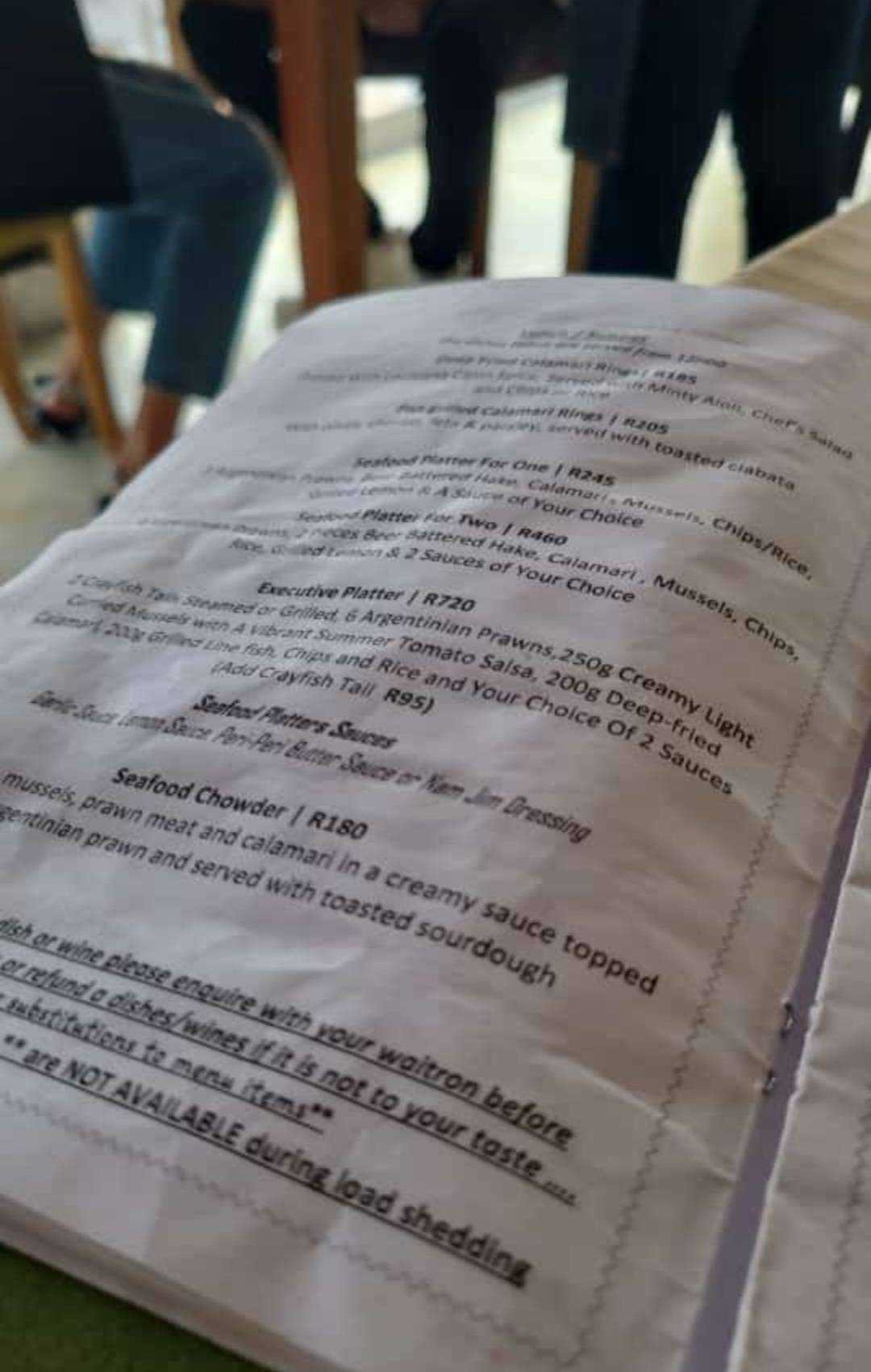 Menu at The Melkbos Kitchen restaurant, Cape Town