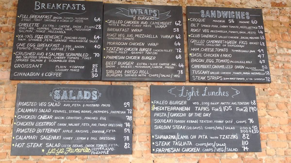 Menu at Ya-Ya Cafe, Cape Town
