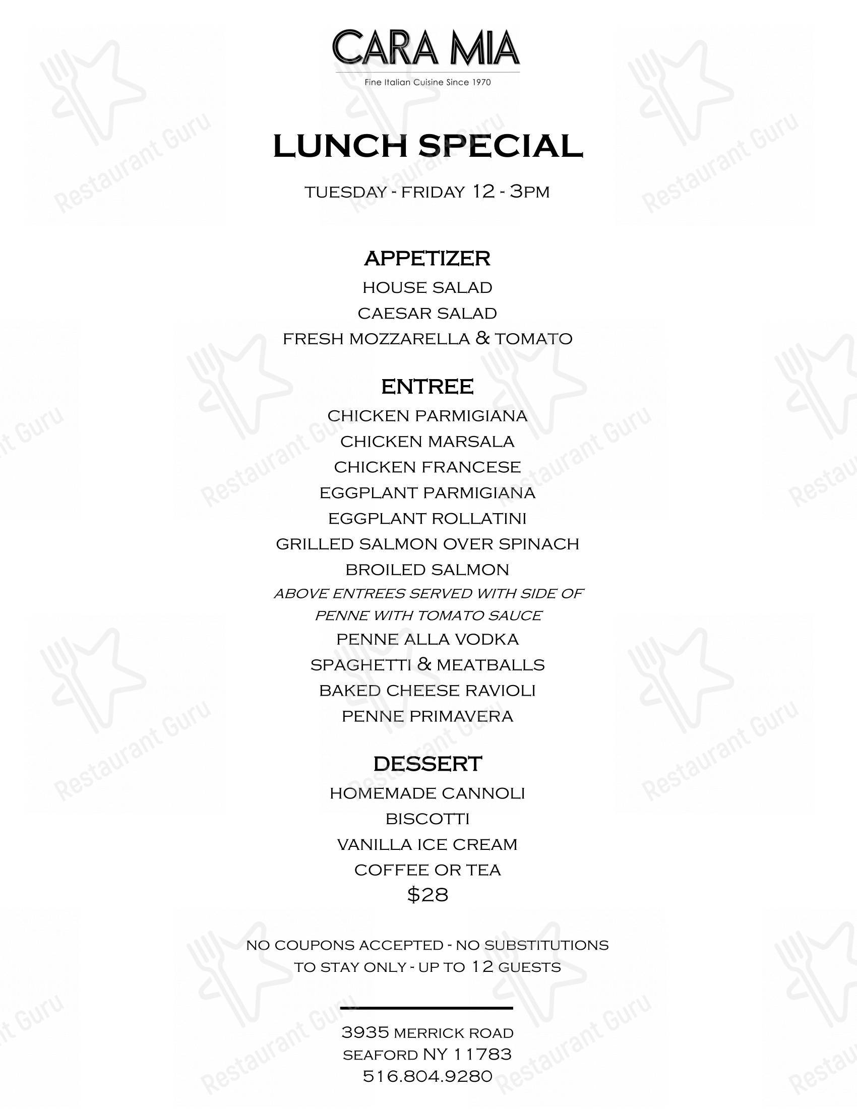 Menu at Cara Mia restaurant, Seaford, Merrick Rd