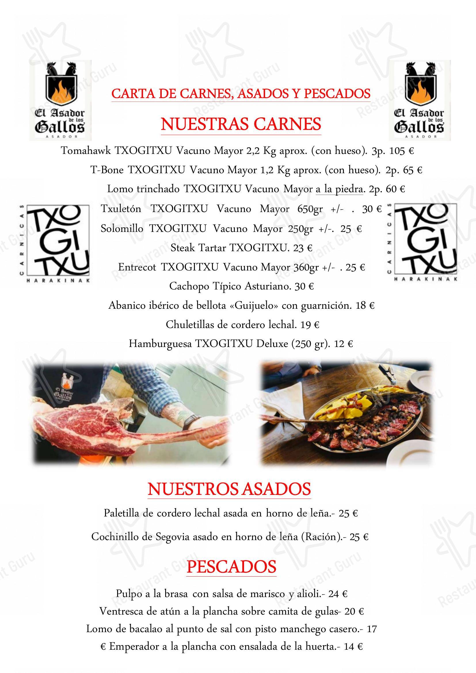 Carta del restaurante Asador del los Gallos, Carabaña