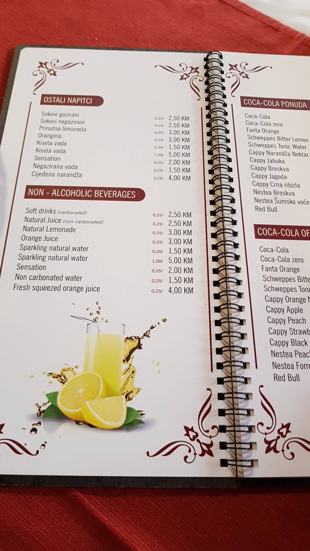 Menu at Čardak restaurant, Vogošća