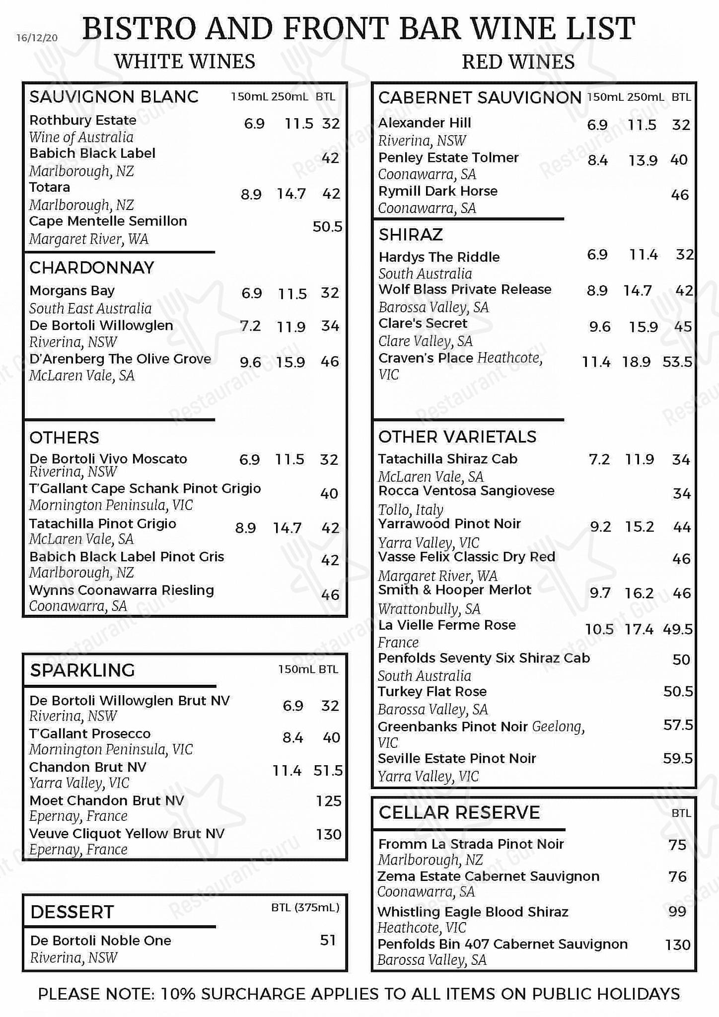 Menu at Rosstown Hotel restaurant, Carnegie