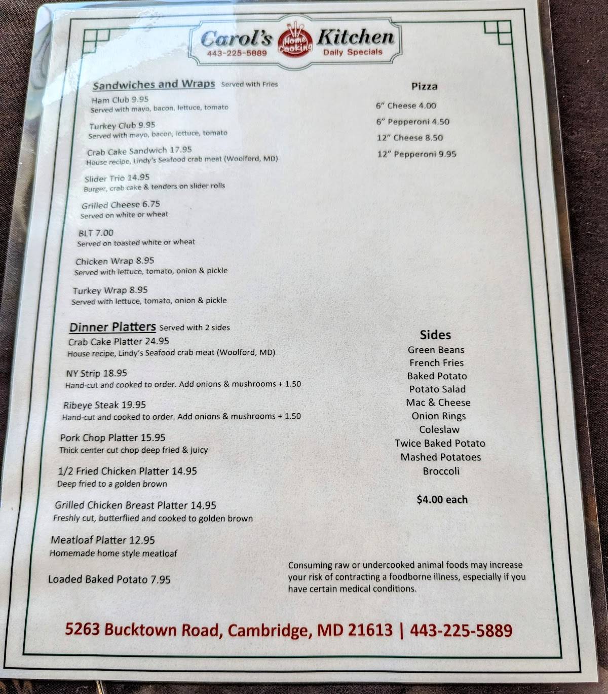 Menu at Carol's Kitchen restaurant, Cambridge