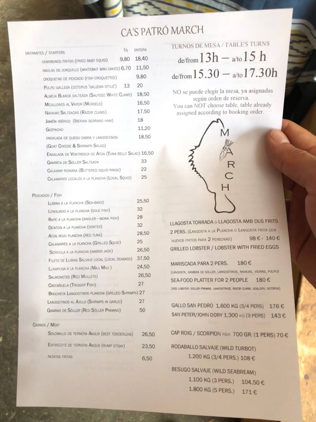 Menu at Ca's Patró March restaurant, Deià